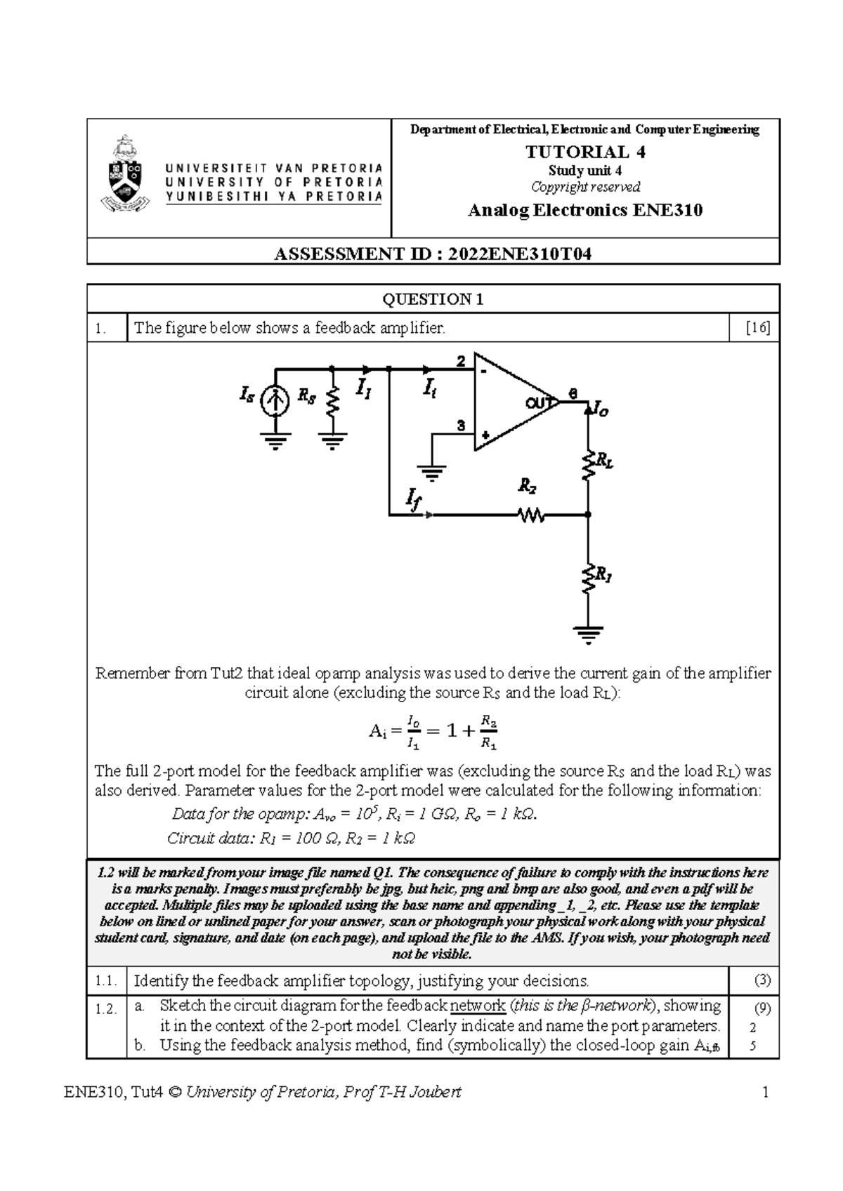 Tut4 - ENE310, Tut 4 © University of Pretoria, Prof T-H Joubert 1 Department of Electrical ...