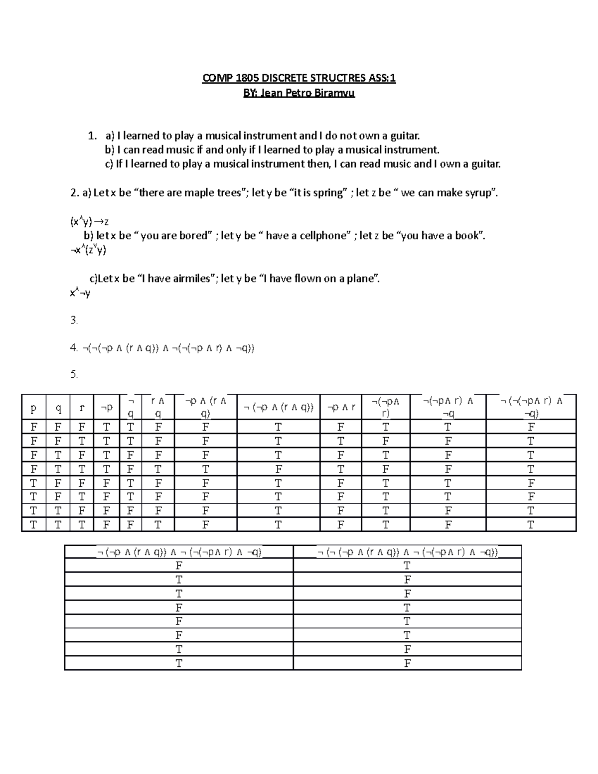 Comp 1805 Assignment 1 - COMP 1805 DISCRETE STRUCTRES ASS: BY: Jean ...