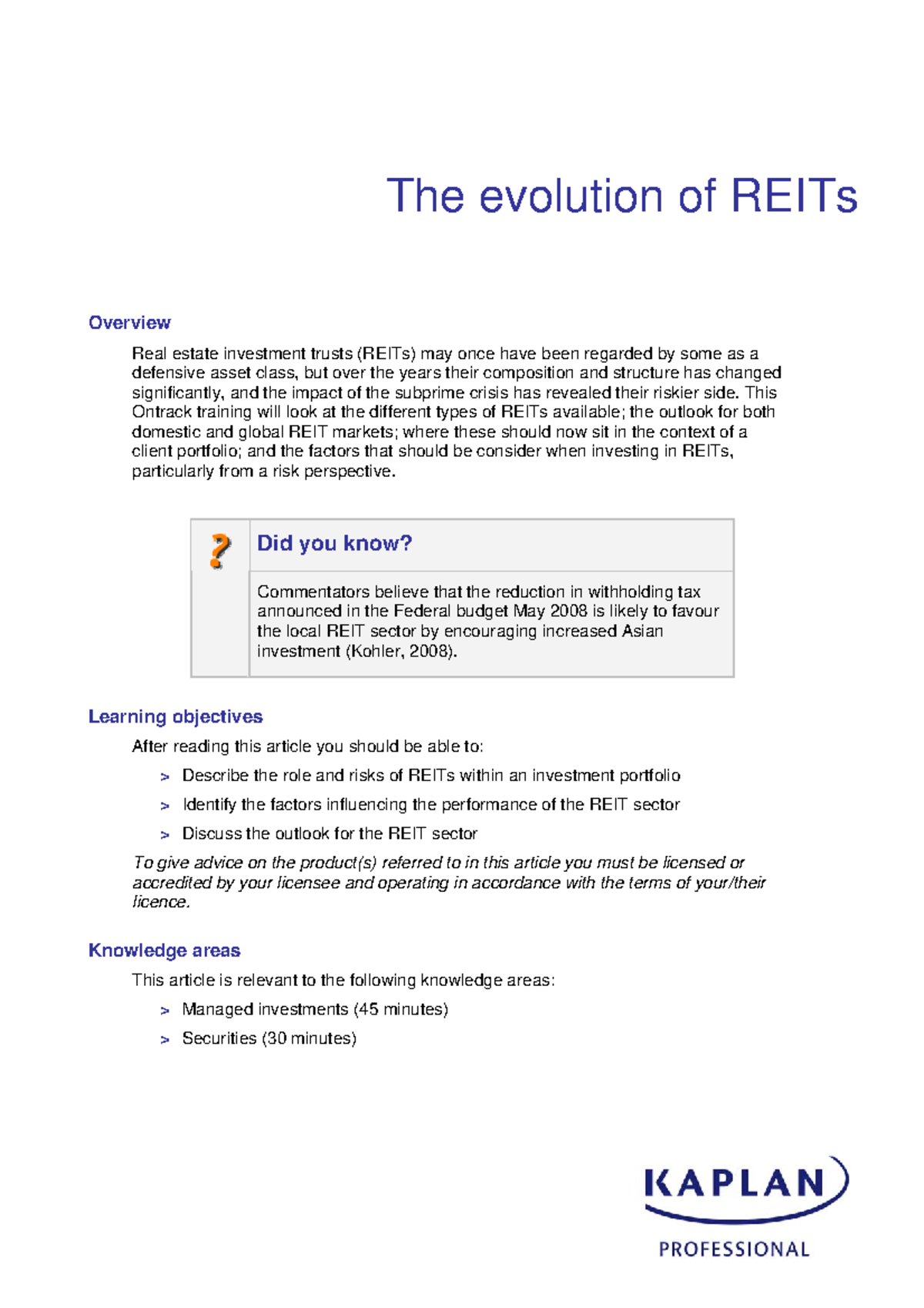 926SOFP - Module 3 Resource - The evolution of REITs - Overview Real ...