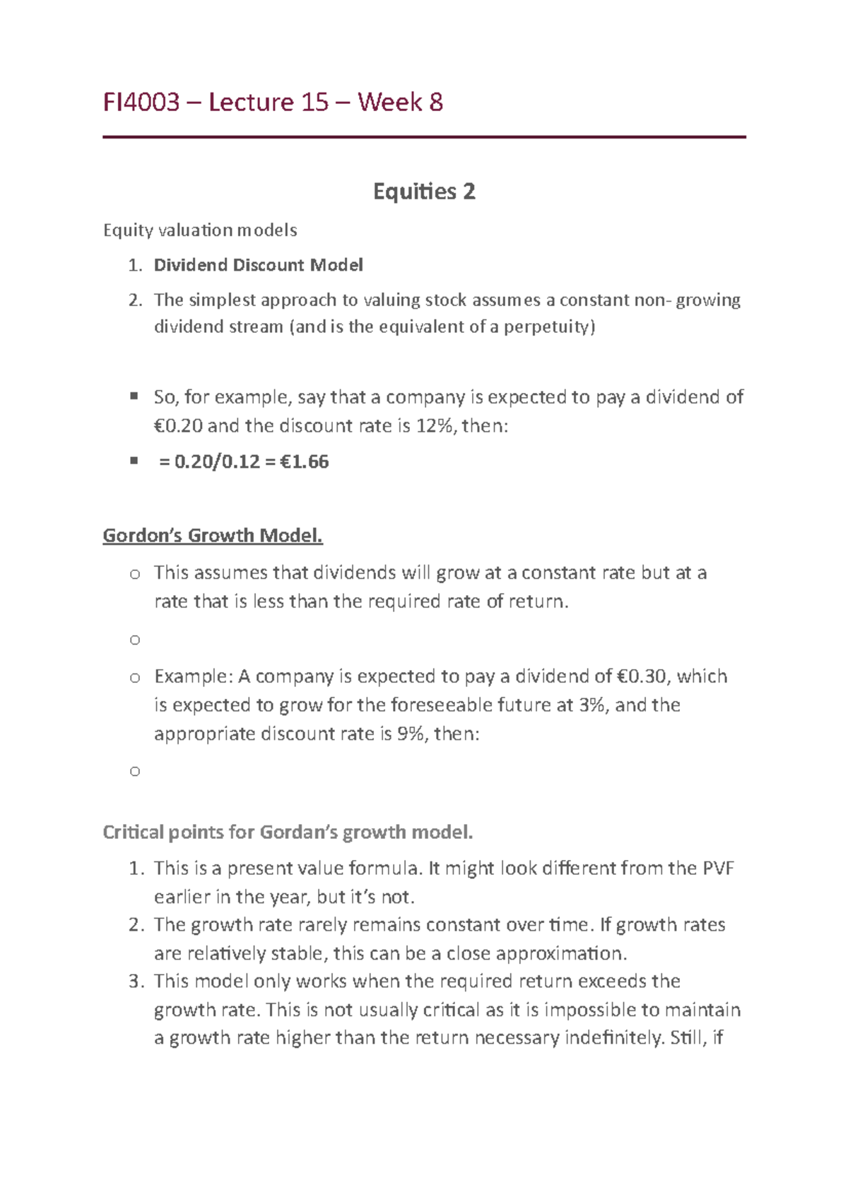 FI4003 - Lecture 15 - Week 8 - FI4003 – Lecture 15 – Week 8 Equities 2 Equity valuation models ...