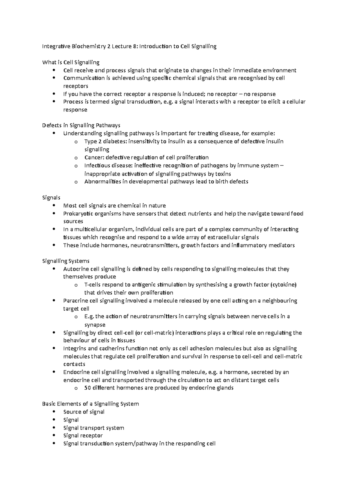 Lecture 8 Notes - Signalling Introduction1 - Integrative Biochemistry 2 ...
