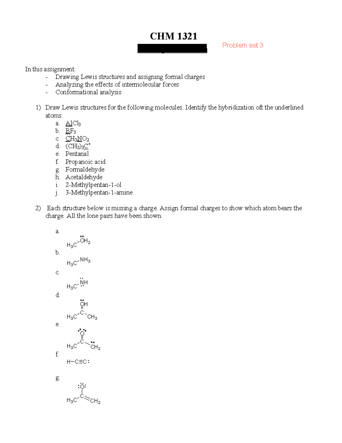 Problem Set 3 Conformational Analysis Intermolecular Forces Chm 1321 Assignment In This