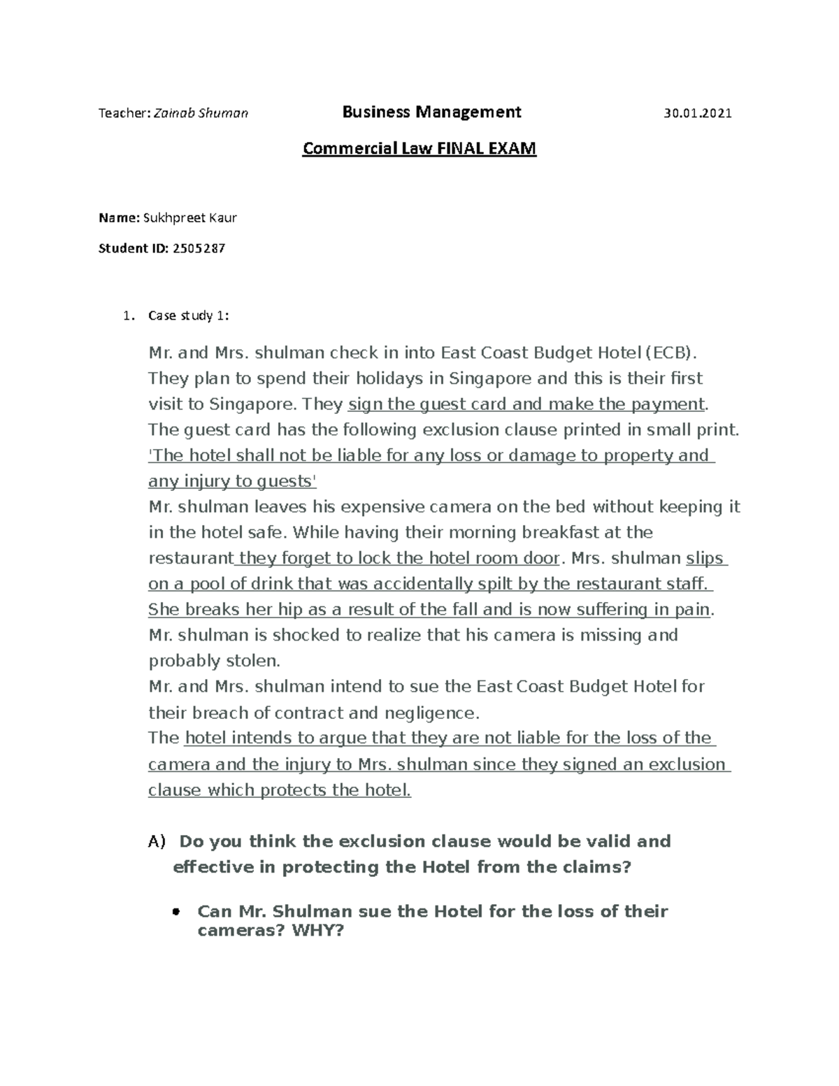 Commercial LAW Final EXAM - Teacher: Zainab Shuman Business Management ...