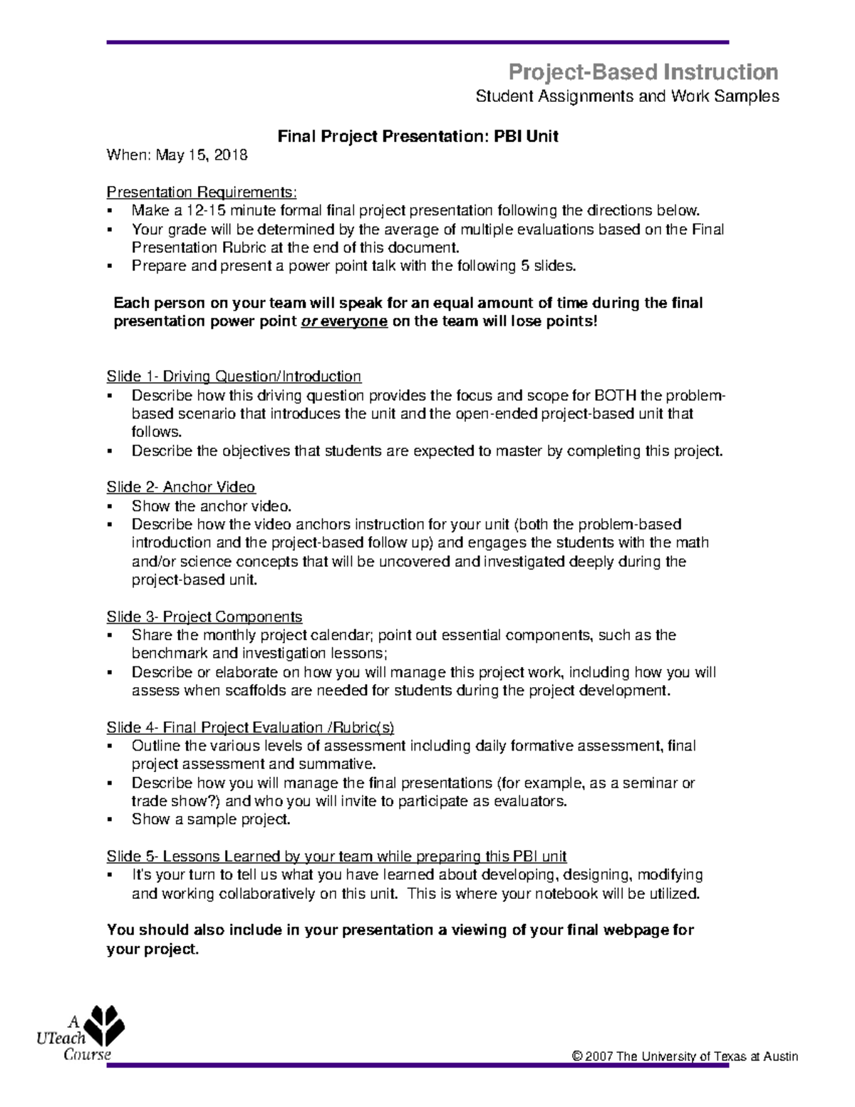 PBI Unit Presentation Rubric - Project-Based Instruction Student ...
