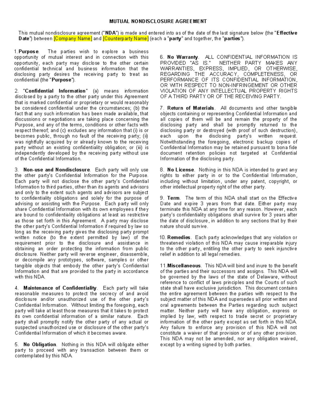 General NDA Template - MUTUAL NONDISCLOSURE AGREEMENT This mutual ...