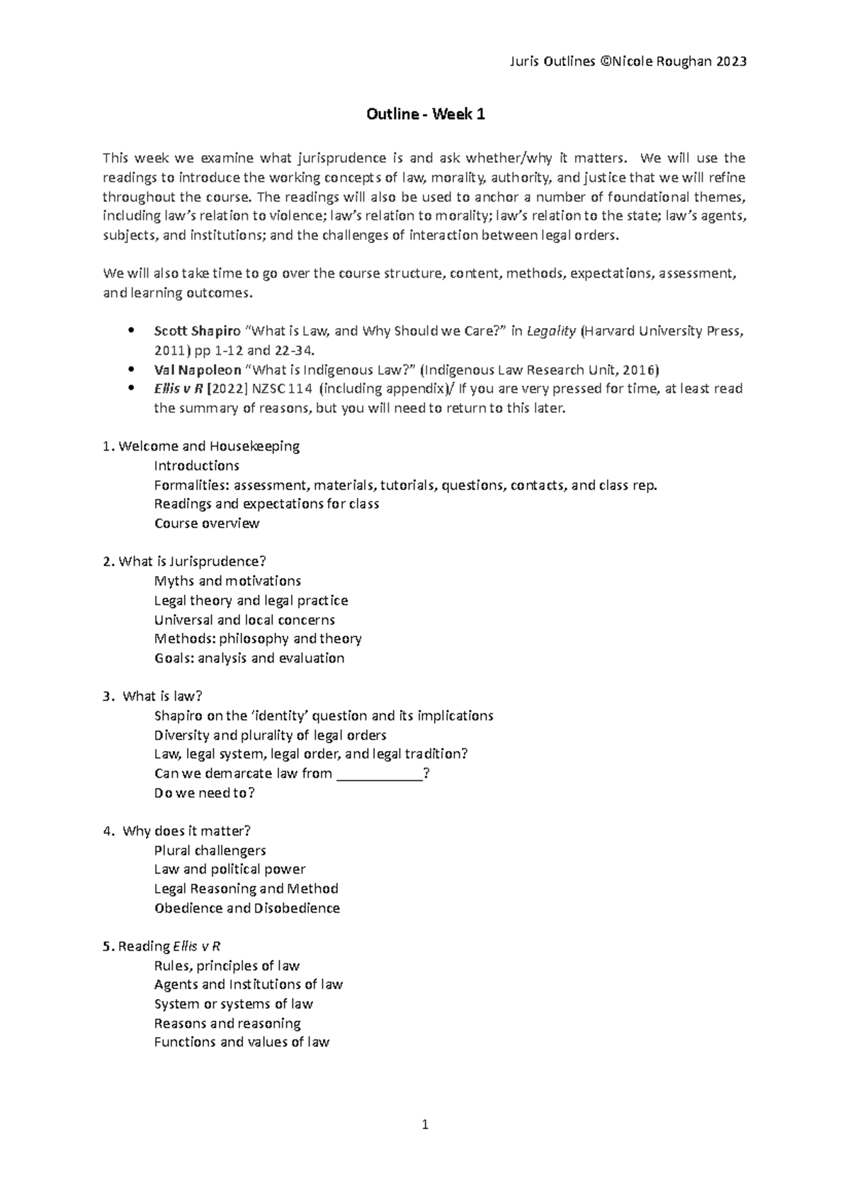 Outline week 1 - Juris Outlines ©Nicole Roughan 2023 Outline - Week 1 ...