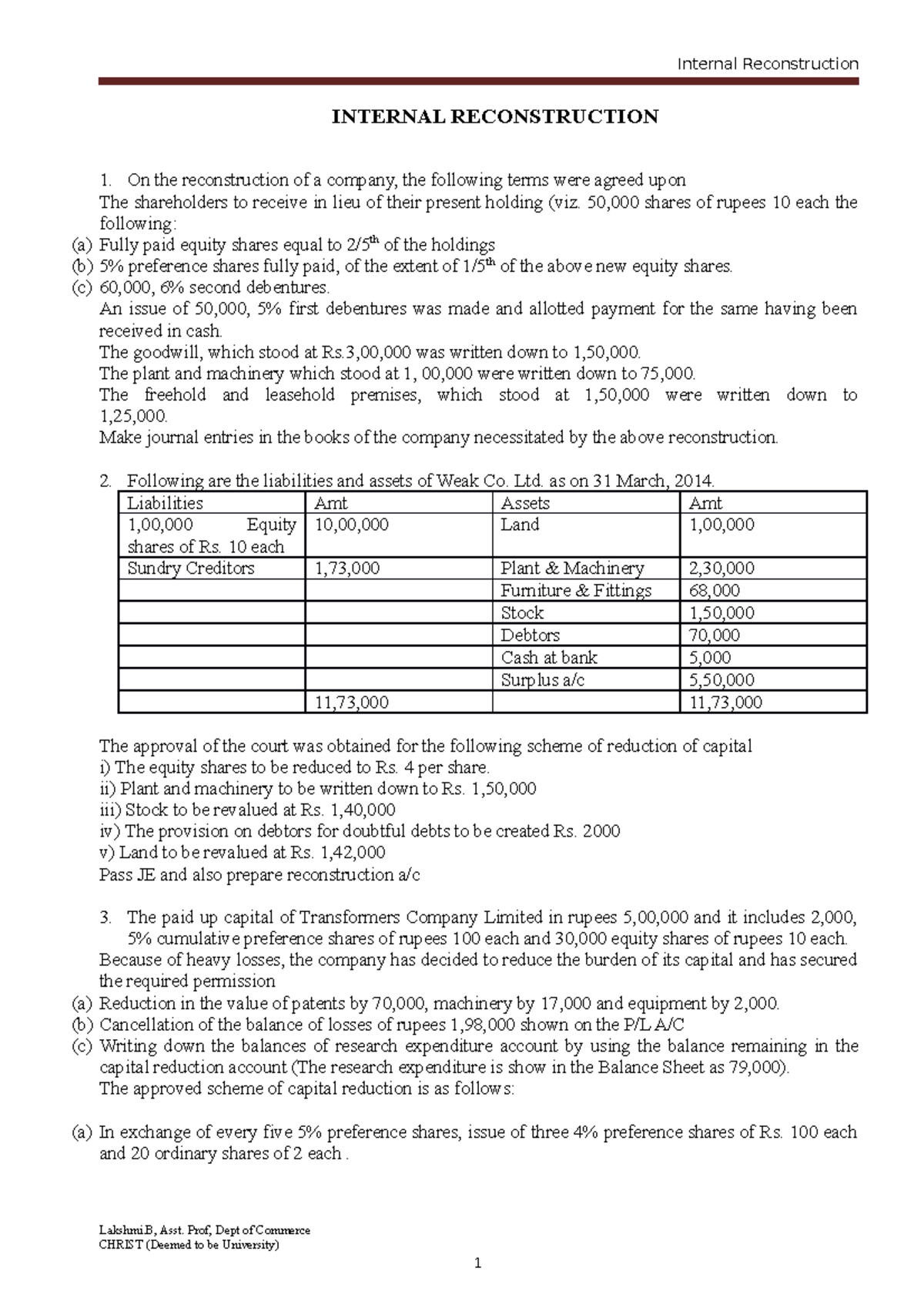 Internal reconstruction - handout- Aug 2023 - INTERNAL RECONSTRUCTION ...