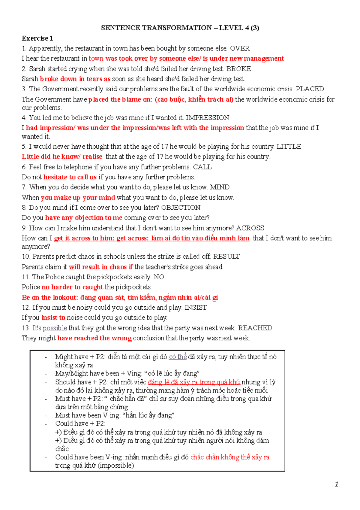 Sentence Transformation Level 4 - SENTENCE TRANSFORMATION – LEVEL 4 (3 ...