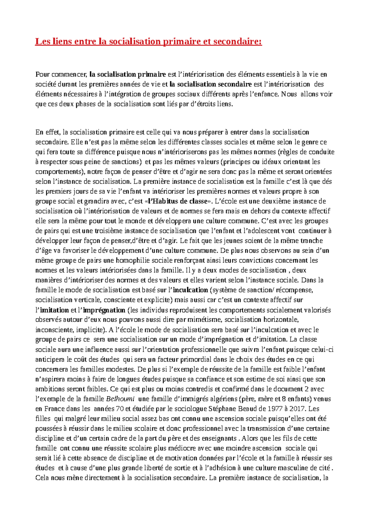 Ses Socialisation Primaire Et Secondaire Les Liens Entre La