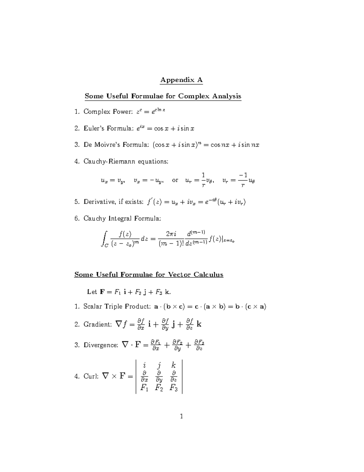 IE2107 Formula List - Appendix A Some Useful Formulae for Complex Analysis Complex Power: z c ...