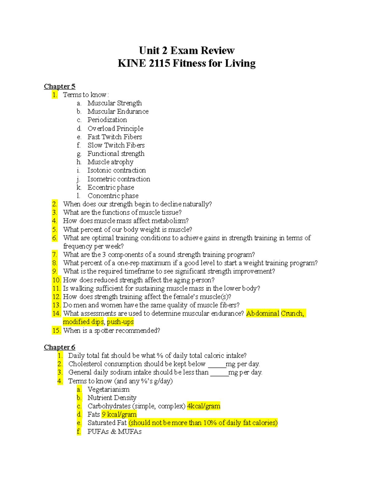 Unit 2 Exam Review Fall 2019 .doc W.A - Unit 2 Exam Review KINE 2115 ...