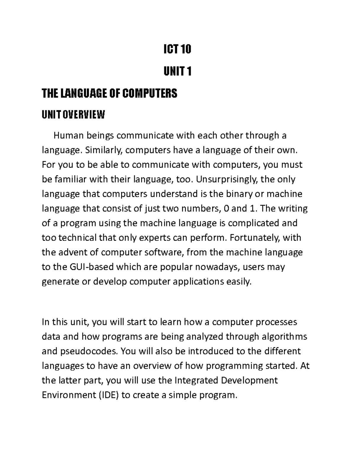 ICT 10 - another one activity - ICT 10 UNIT 1 THE LANGUAGE OF COMPUTERS ...