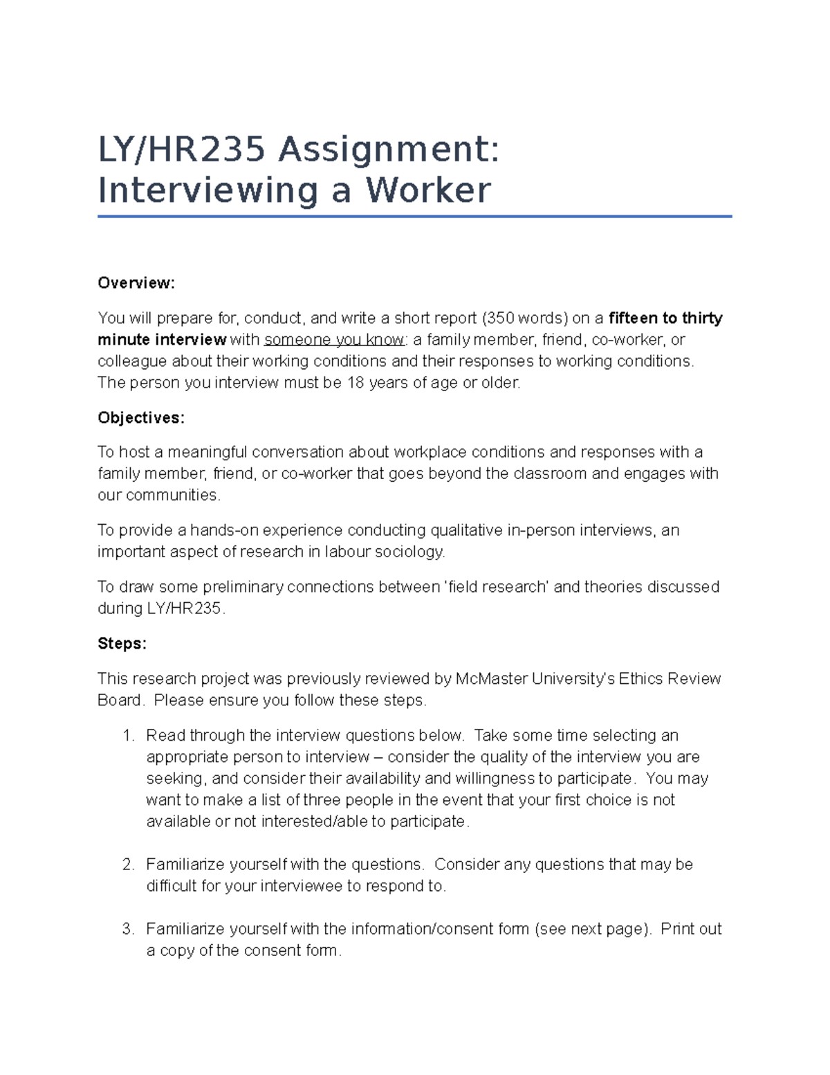 Worker Interview Assignment - LY/HR235 Assignment: Interviewing a ...