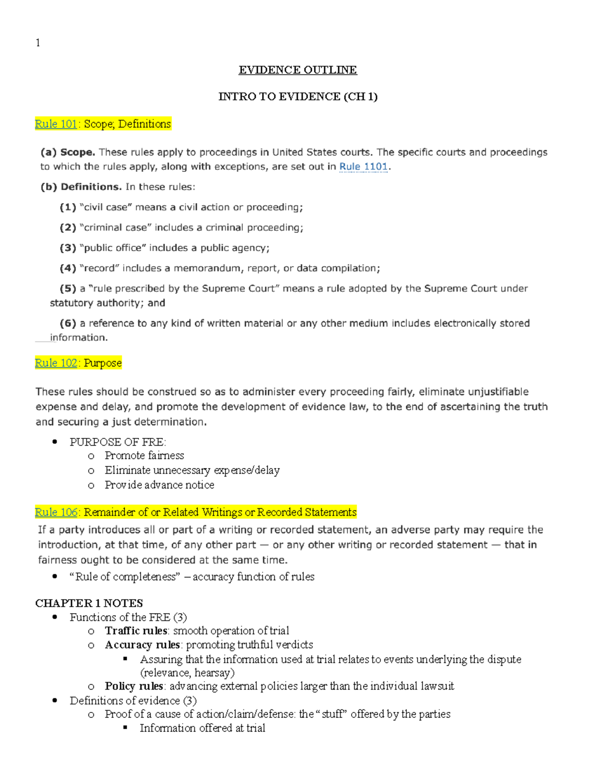 Evidence, outline - EVIDENCE OUTLINE INTRO TO EVIDENCE (CH 1) Rule 101 ...