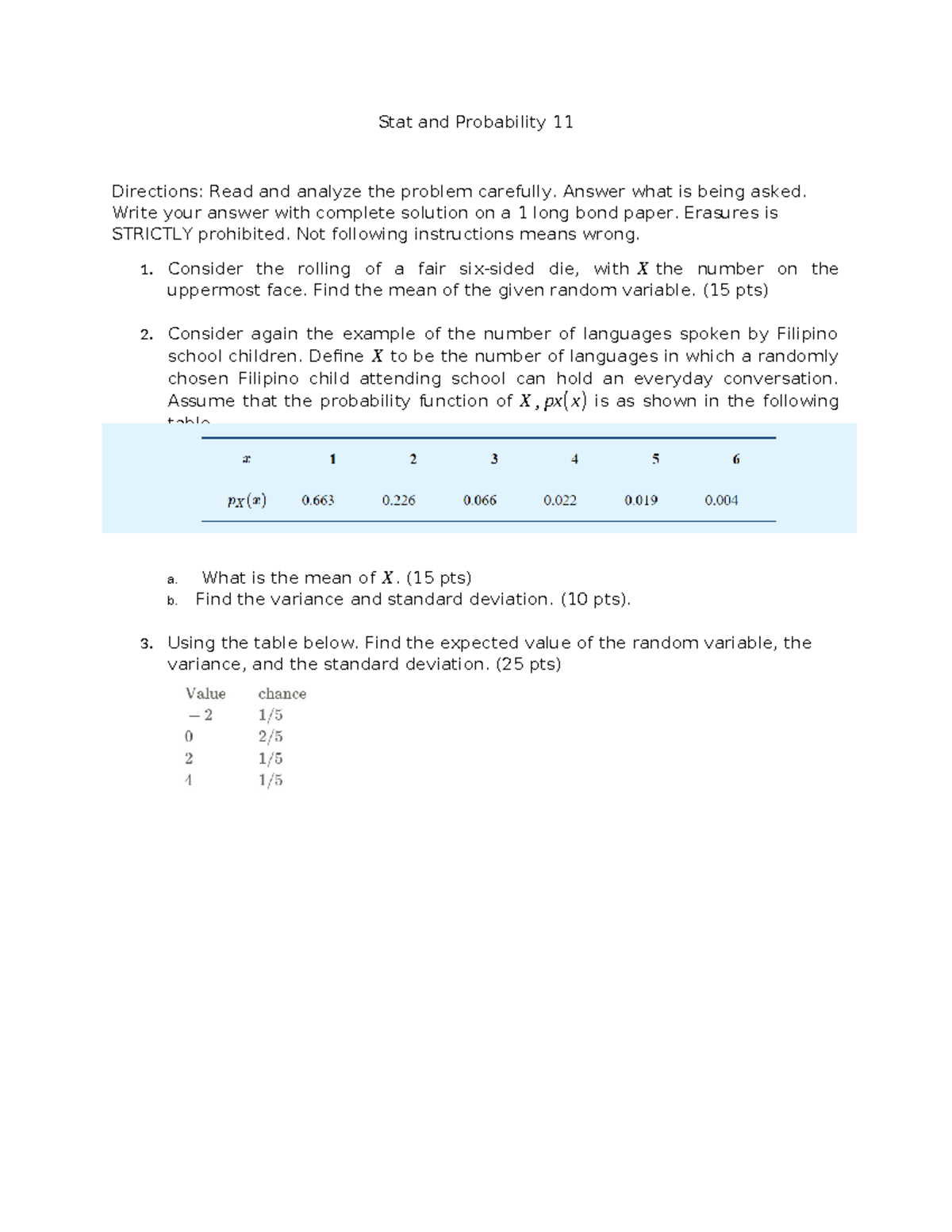 Problem set (stat) - Stat and Probability 11 Directions: Read and ...