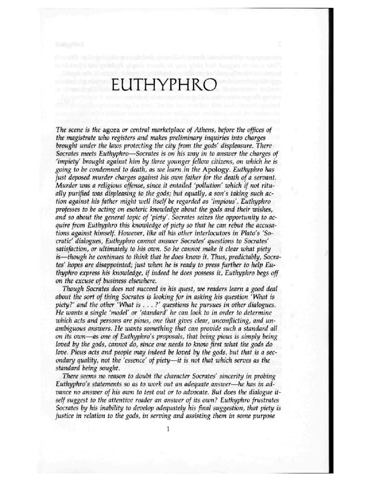 Euthyphro - reading for lecture - Phl100Y1 - Studocu
