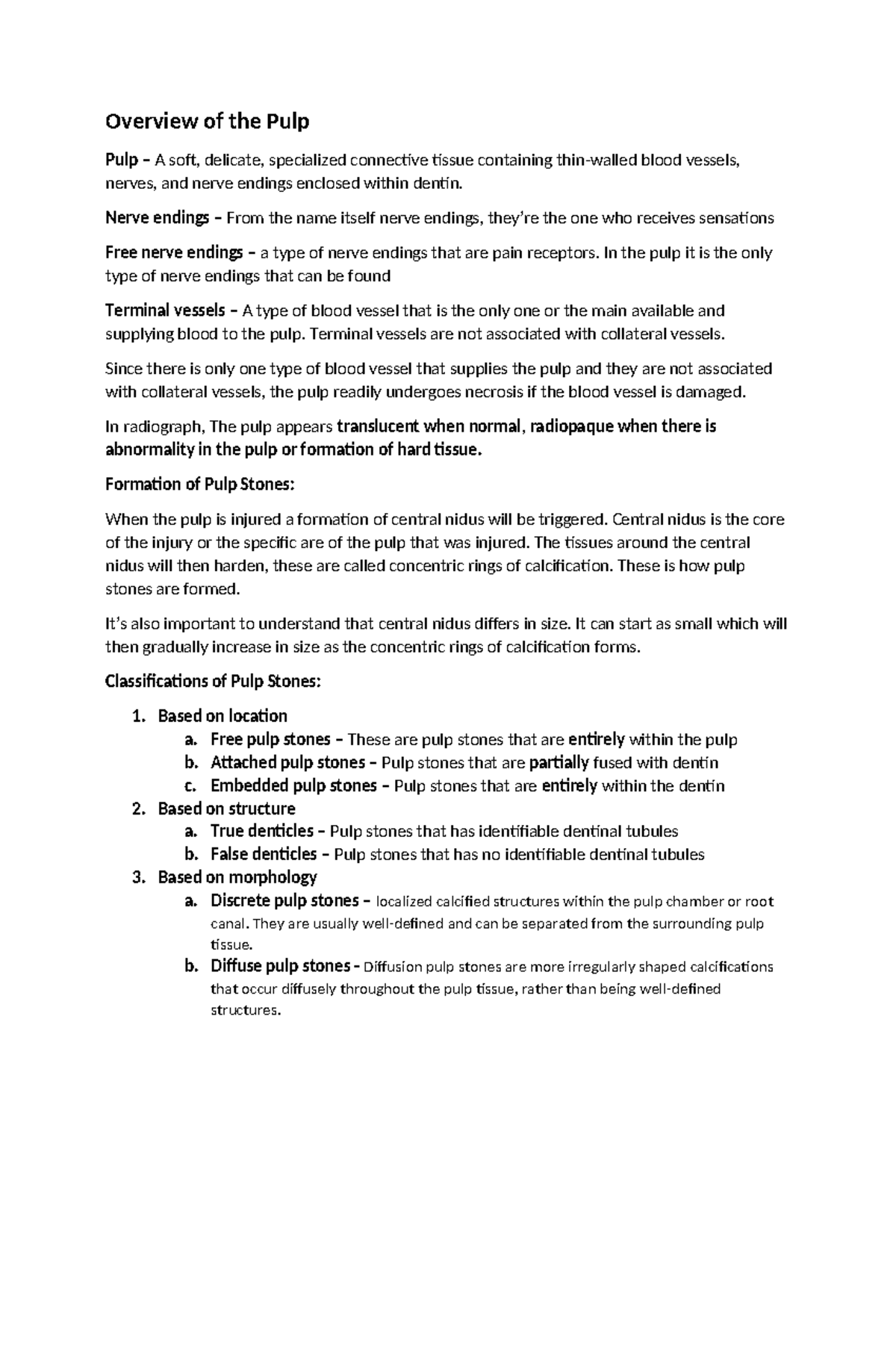 Outline-MT-OP - Reviewer for Oral Pathology - Overview of the Pulp Pulp ...