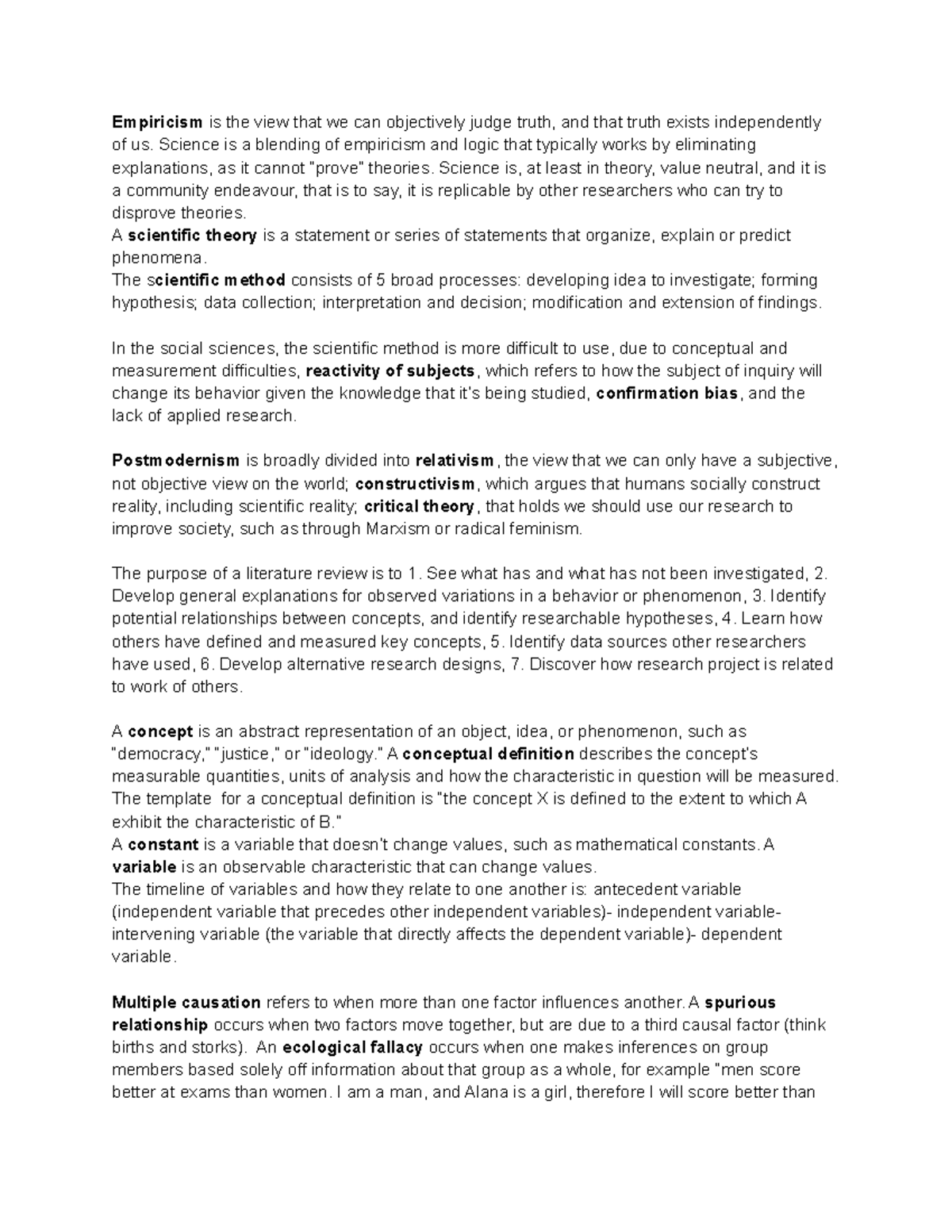 Research methods full semester notes - Empiricism is the view that we ...