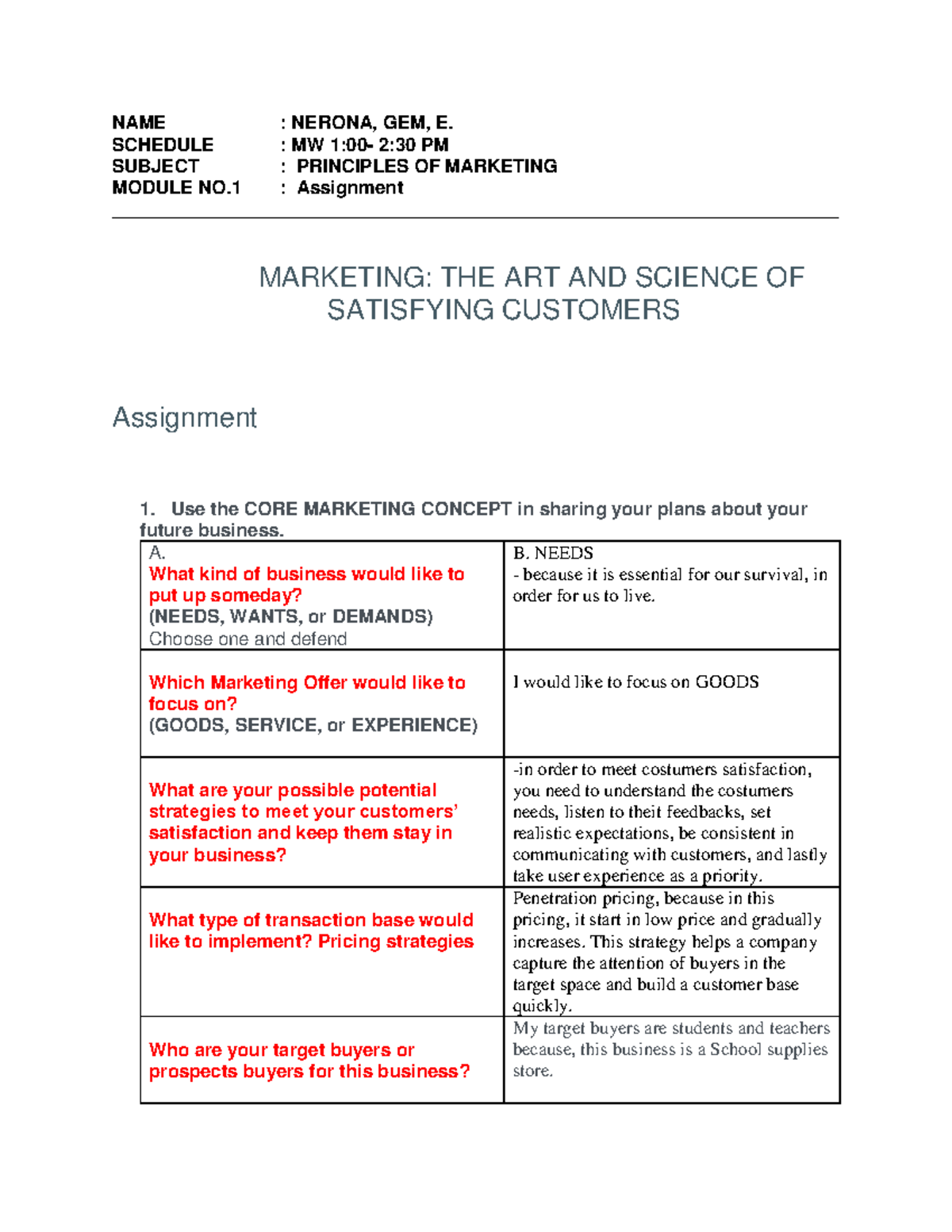 QUIZ 1 Principles OF Marketing FROM Module - NAME : NERONA, GEM, E. SCHEDULE : MW 1:00- 2:30 PM ...