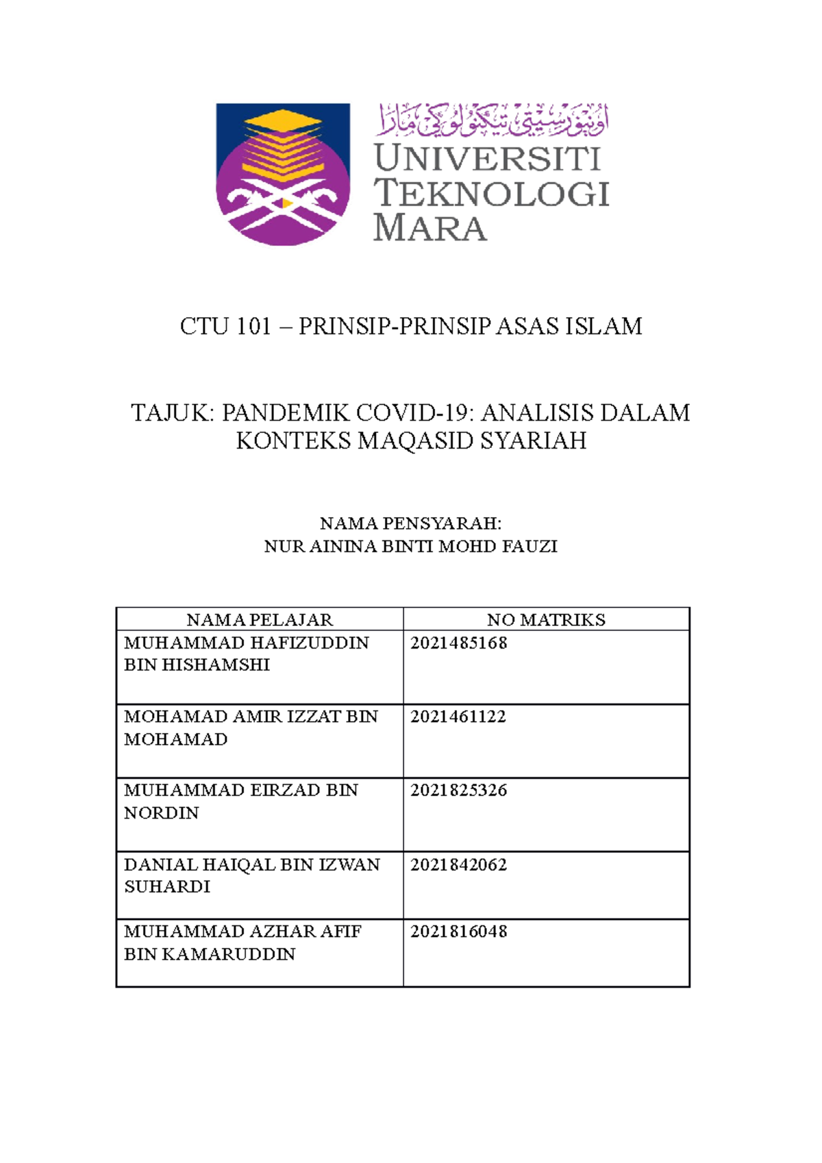 CTU 101 - Group 4 - Maqasid Syariah (TBA1141C) - CTU 101 – PRINSIP-PRINSIP ASAS ISLAM TAJUK ...
