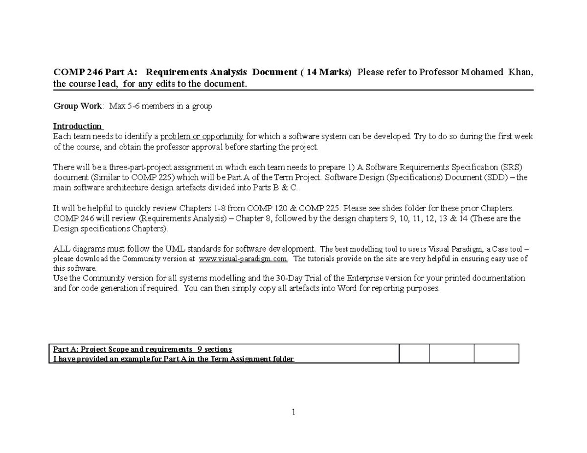 COMP 246 Term Project Part A SRS - COMP 246 Part A: Requirements Analysis Document ( 14 Marks ...