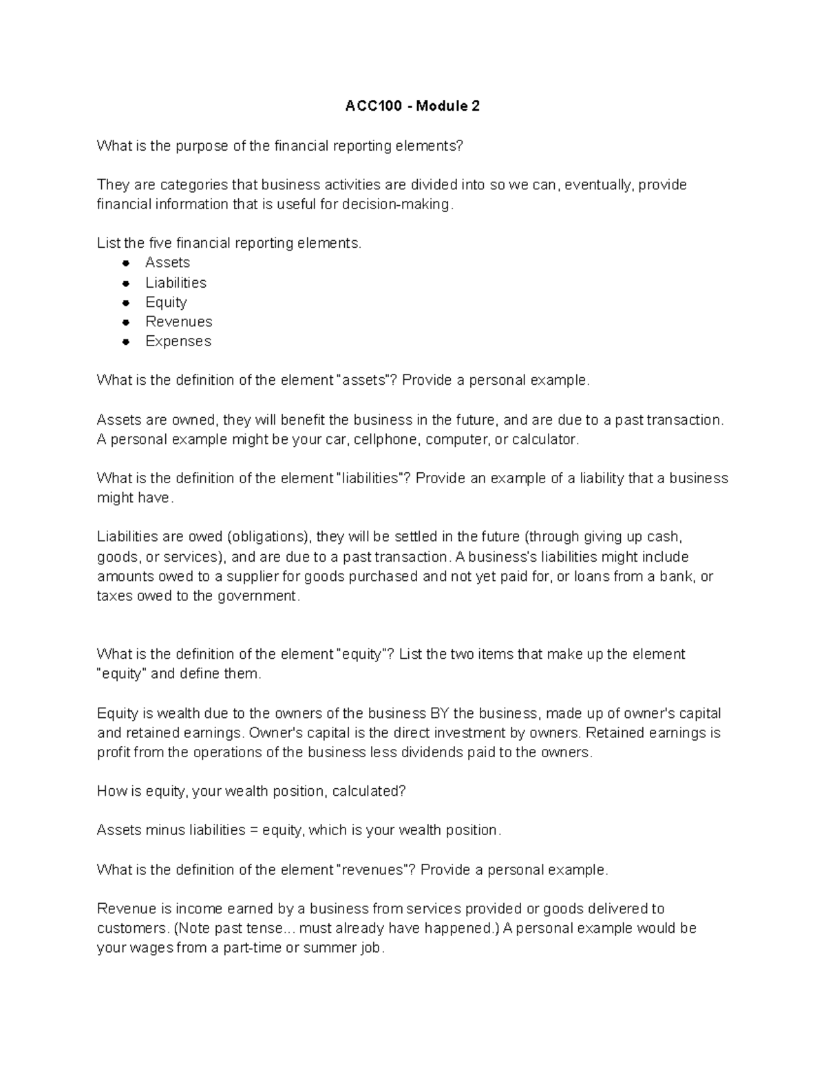 ACC100 Module 2 Notes - ACC100 - Module 2 What is the purpose of the ...