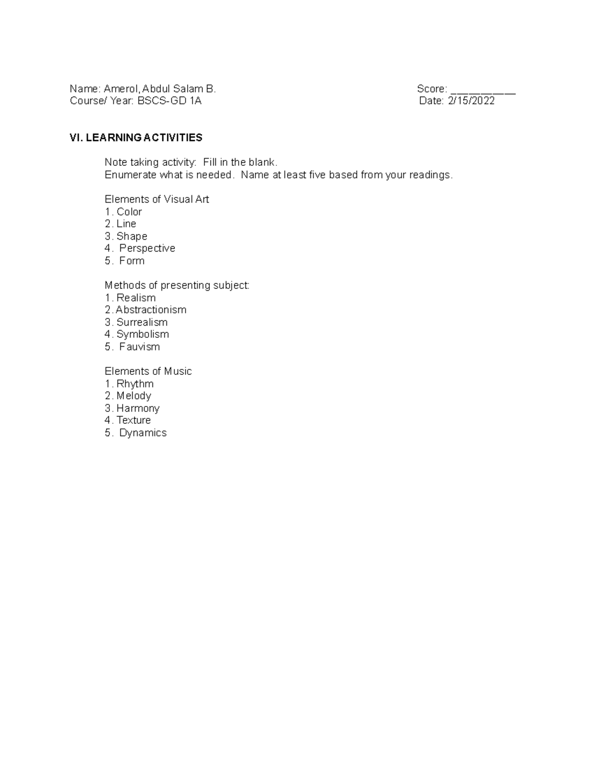 Output Module 4 Amerol Abdul Salam BSCS GD 1A GE ARTS - Name: Amerol ...