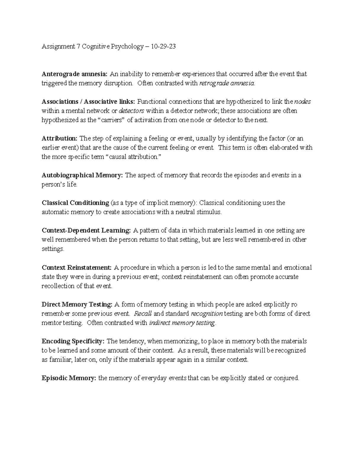 Assignment 7 Cognitive Psychology - Google Docs - Assignment 7 ...