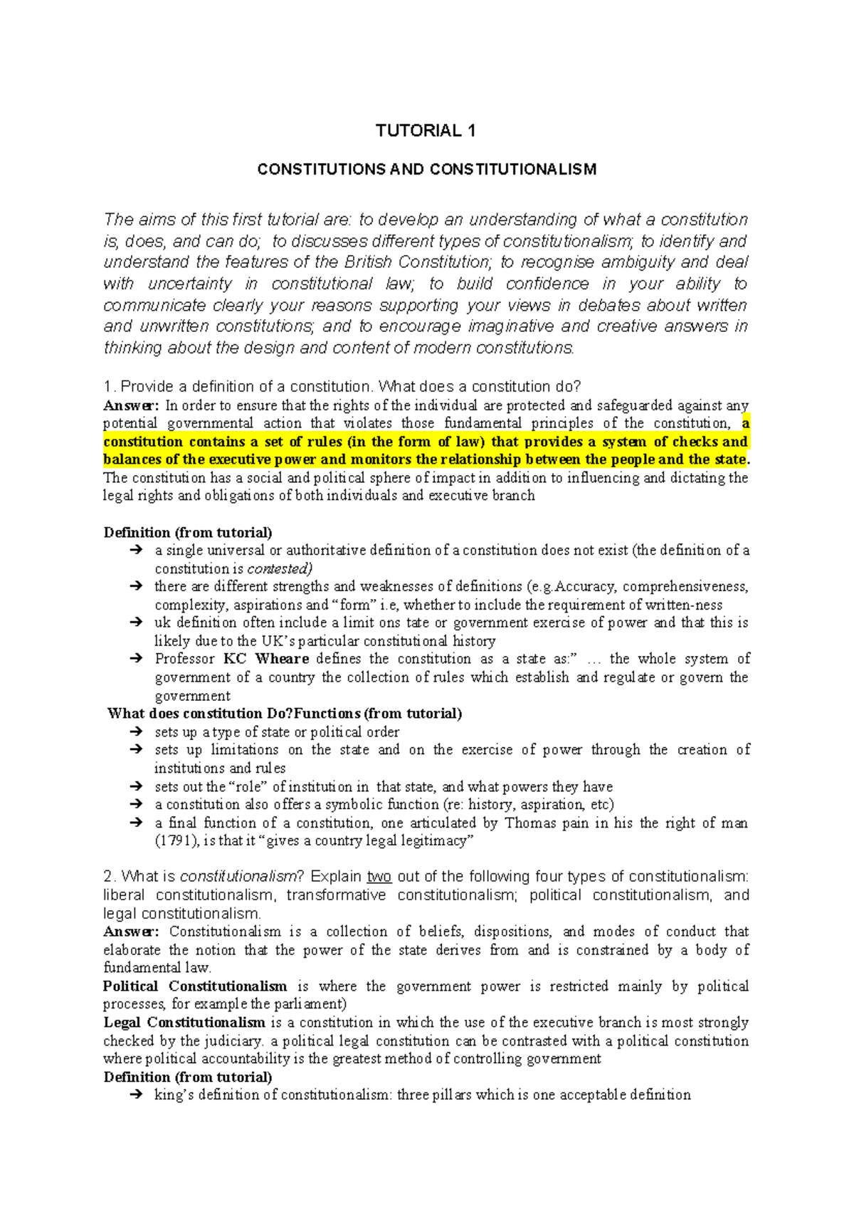 LW1120 Tutorial 1 Introduction to Constitutions. Tutorial Readings and ...