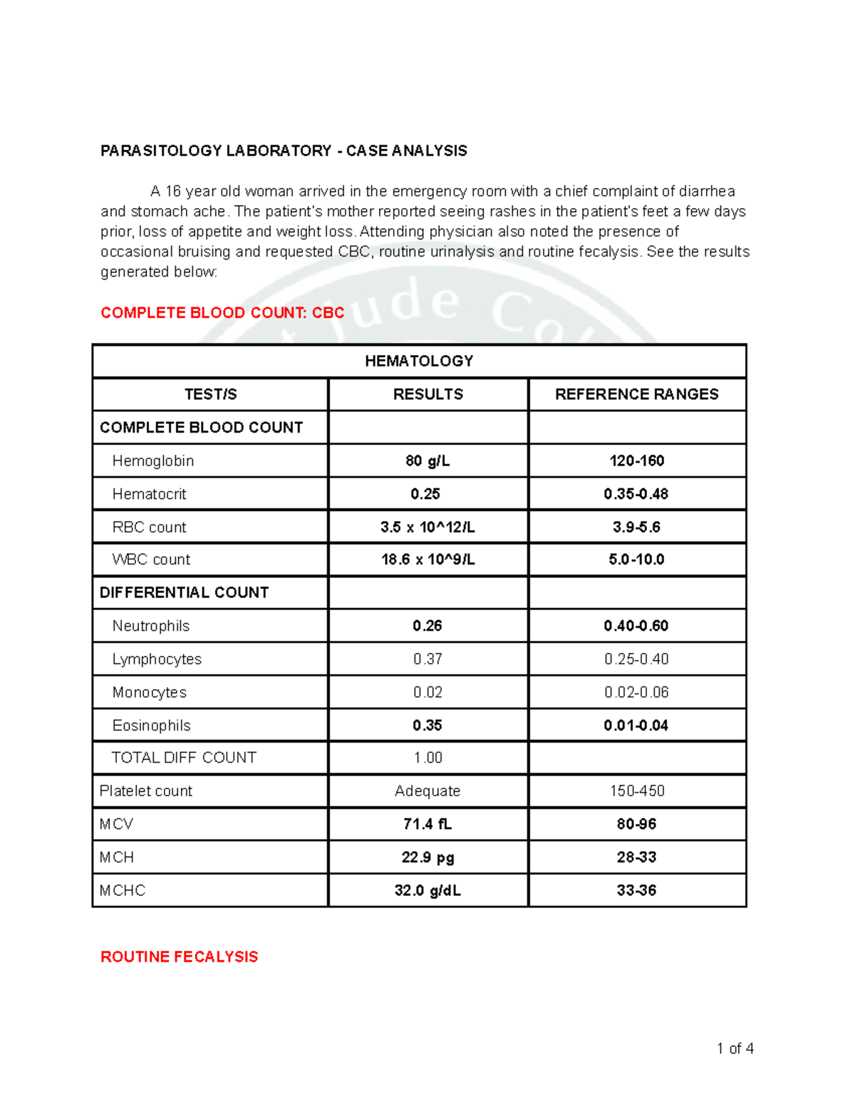 Parasitology Laboratory - CASE Analysis - PARASITOLOGY LABORATORY ...