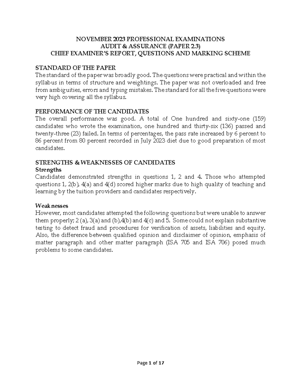 Audit Assurance Paper 2 - NOVEMBER 2023 PROFESSIONAL EXAMINATIONS AUDIT ...