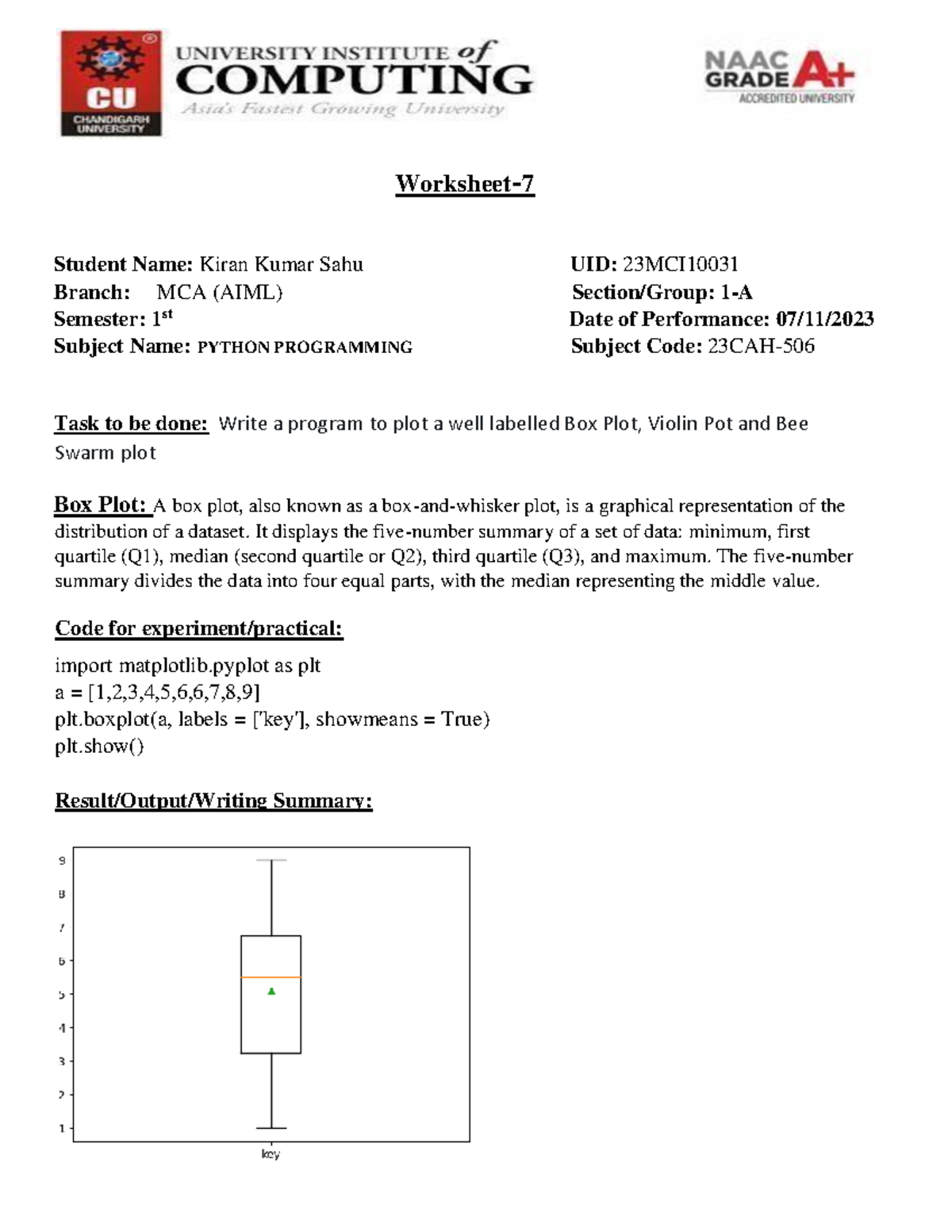 23MCI10031 Kiran Kumar Sahu Python Exp-7 - Worksheet- 7 Student Name: Kiran Kumar Sahu UID ...