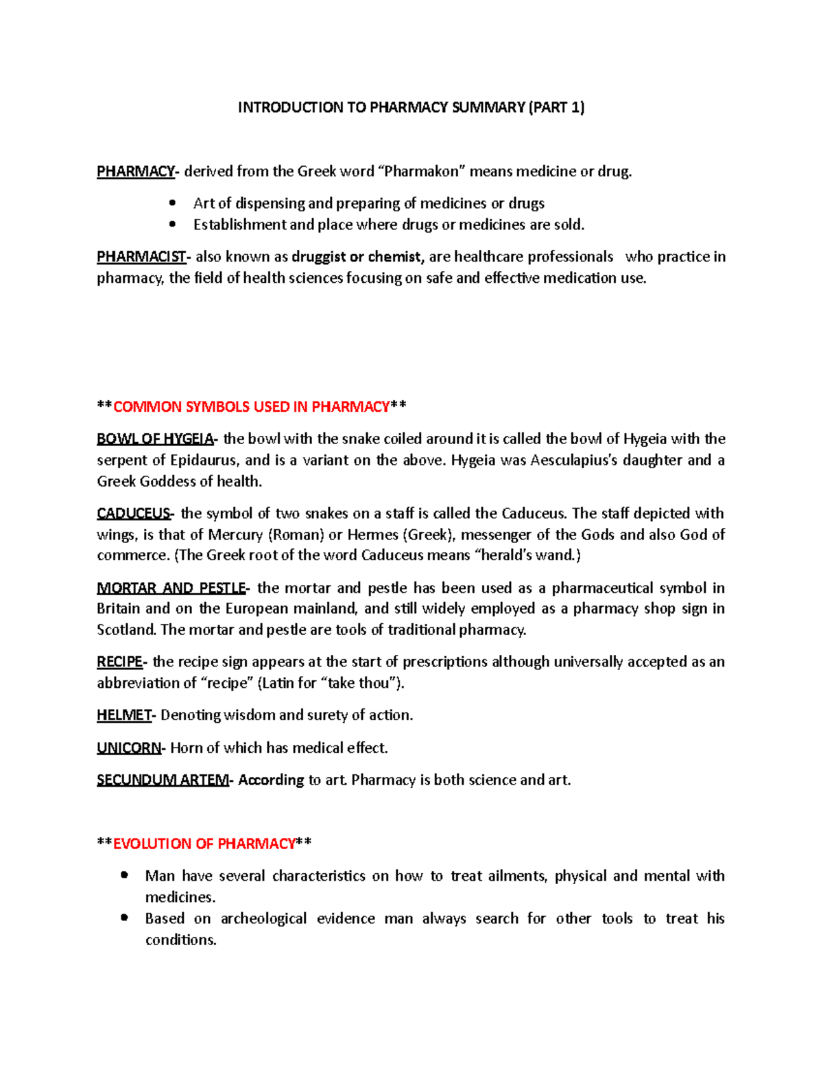 Introduction to Pharmacy - Summary of Pharmacy (Part 1) - INTRODUCTION ...