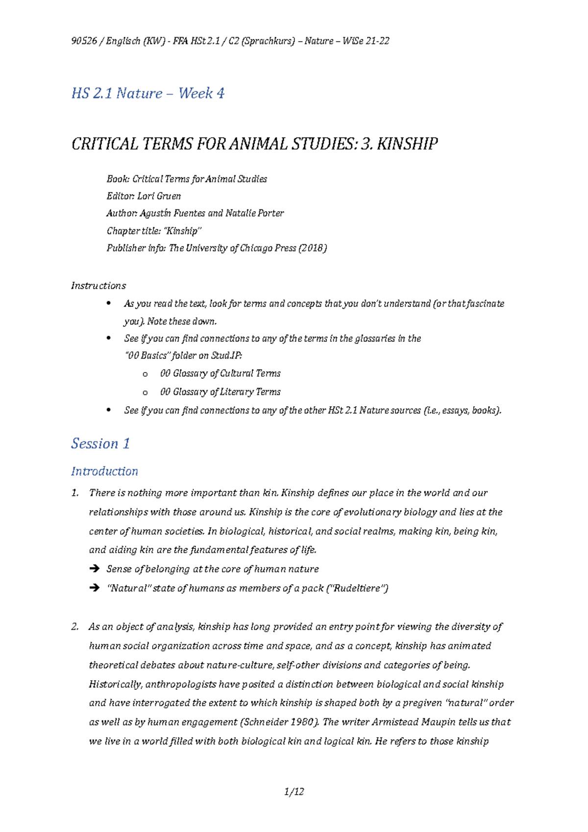 "Kinship" by Agustín Fuentes and Natalie Porter Notes - HS 2 Nature ...