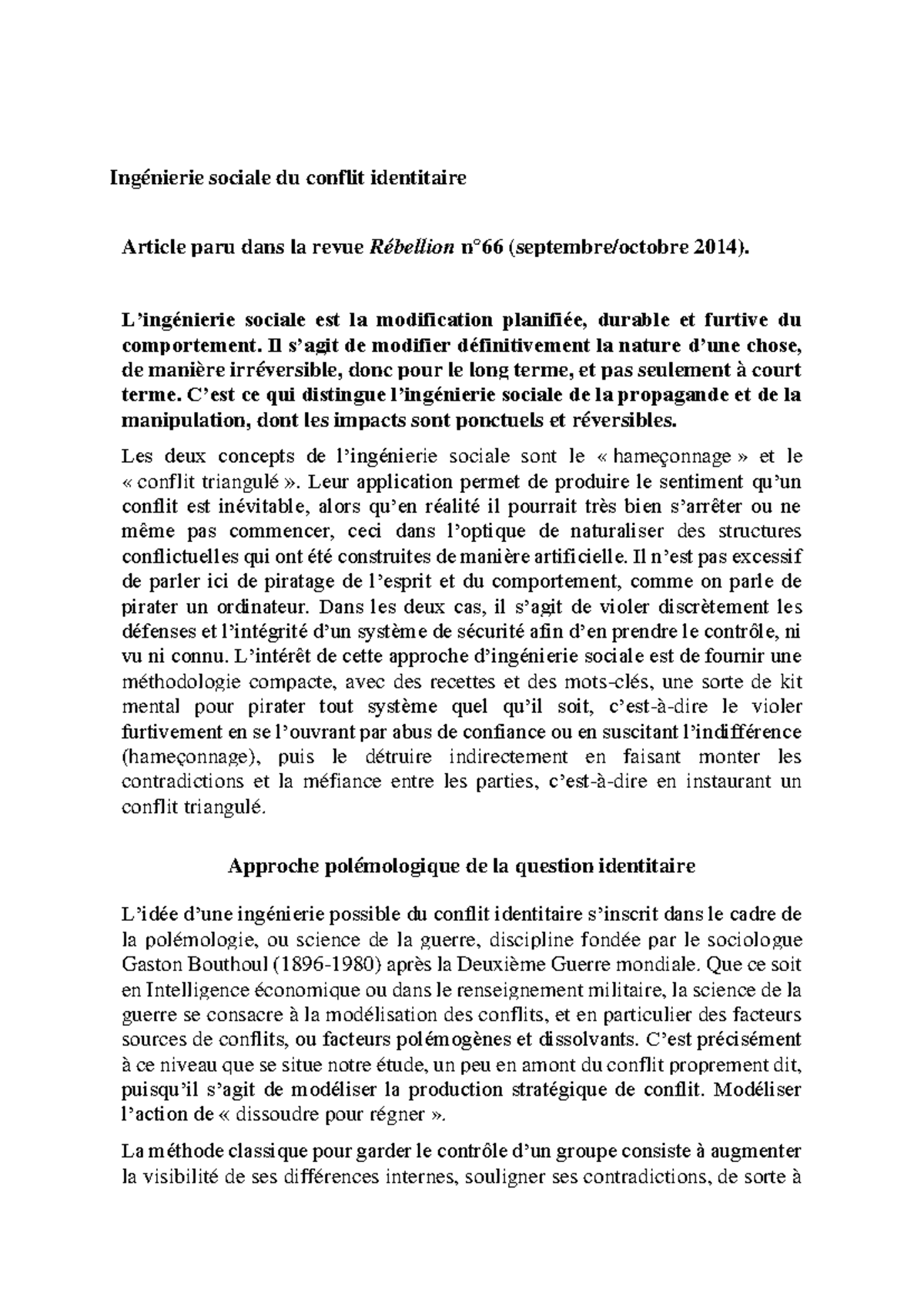 Ingénierie sociale du conflit identitaire - Ingénierie sociale du ...