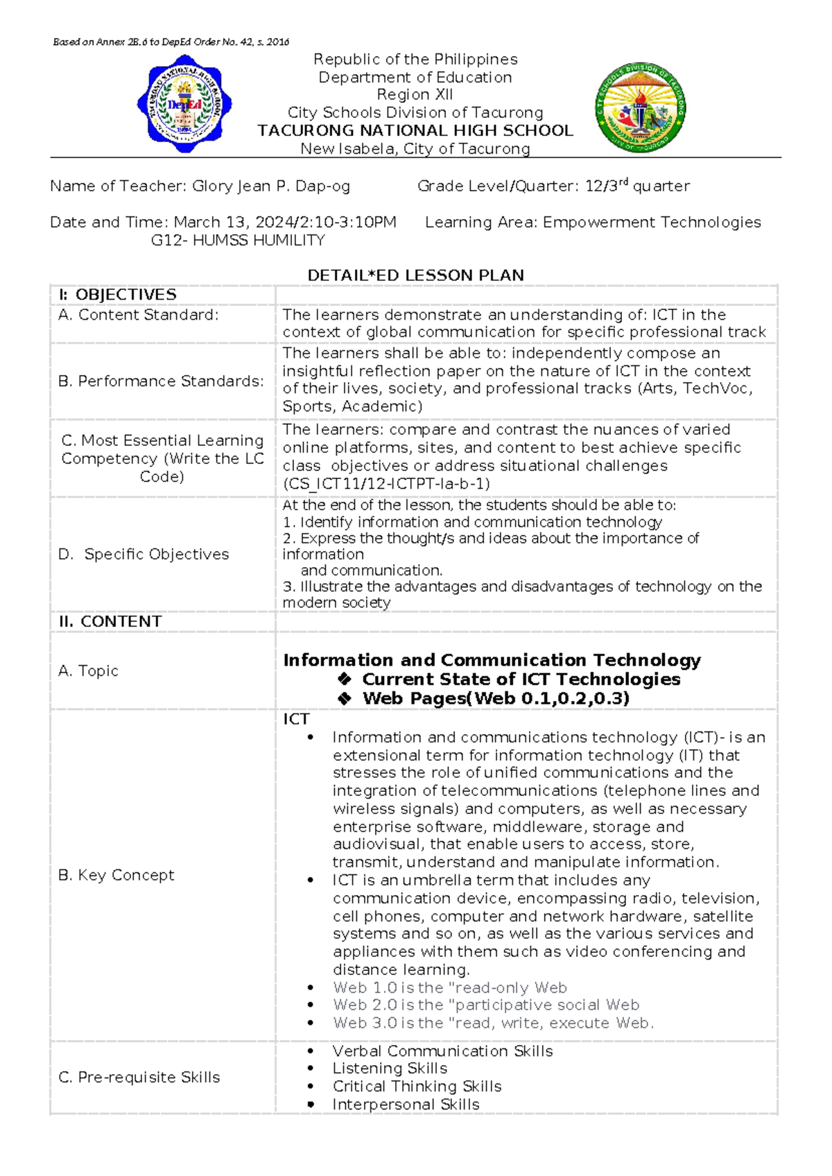 lesson plan, rubrics - Republic of the Philippines Department of ...