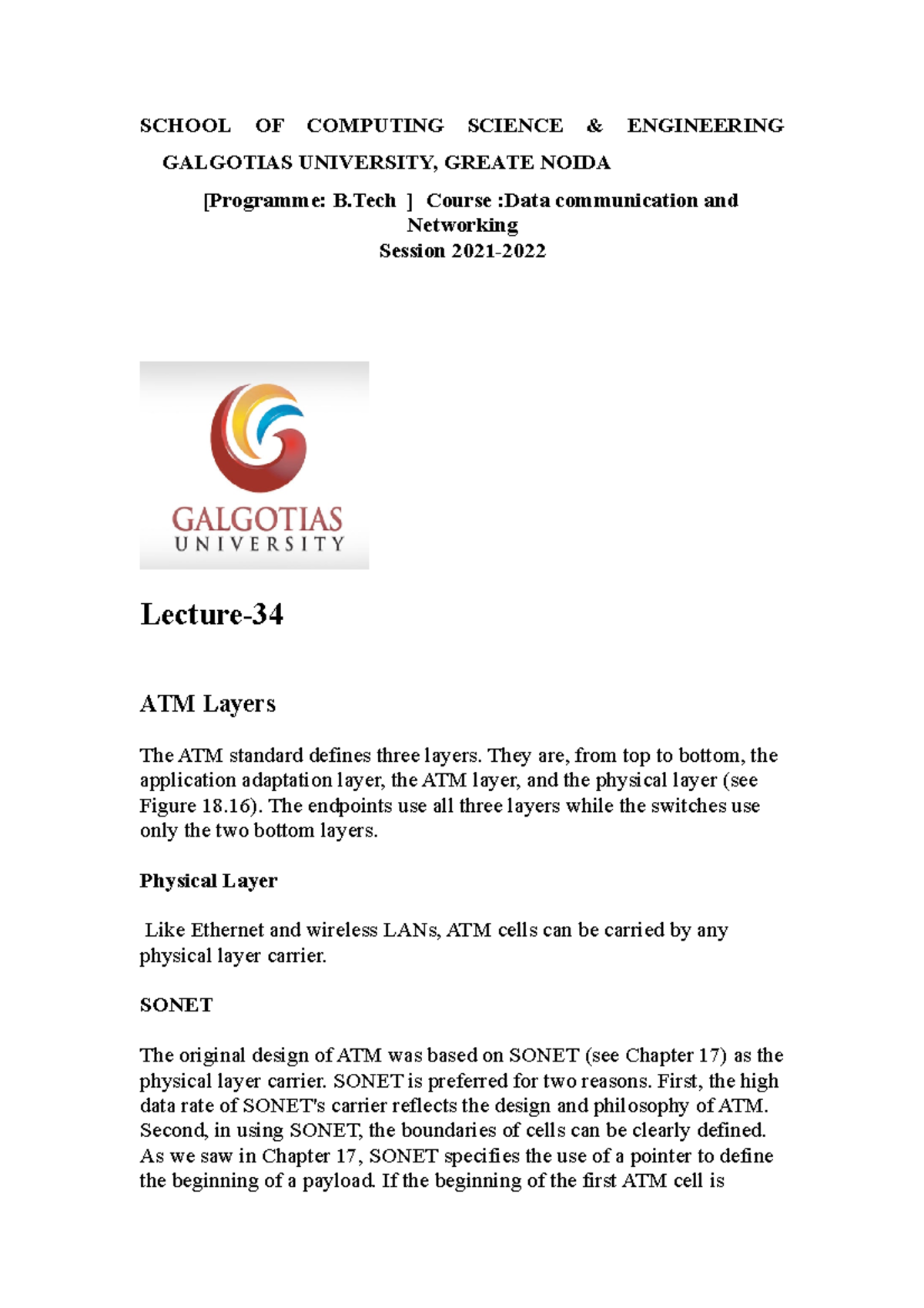 DCN lecture 35 @ Galgotias university - SCHOOL OF COMPUTING SCIENCE ...