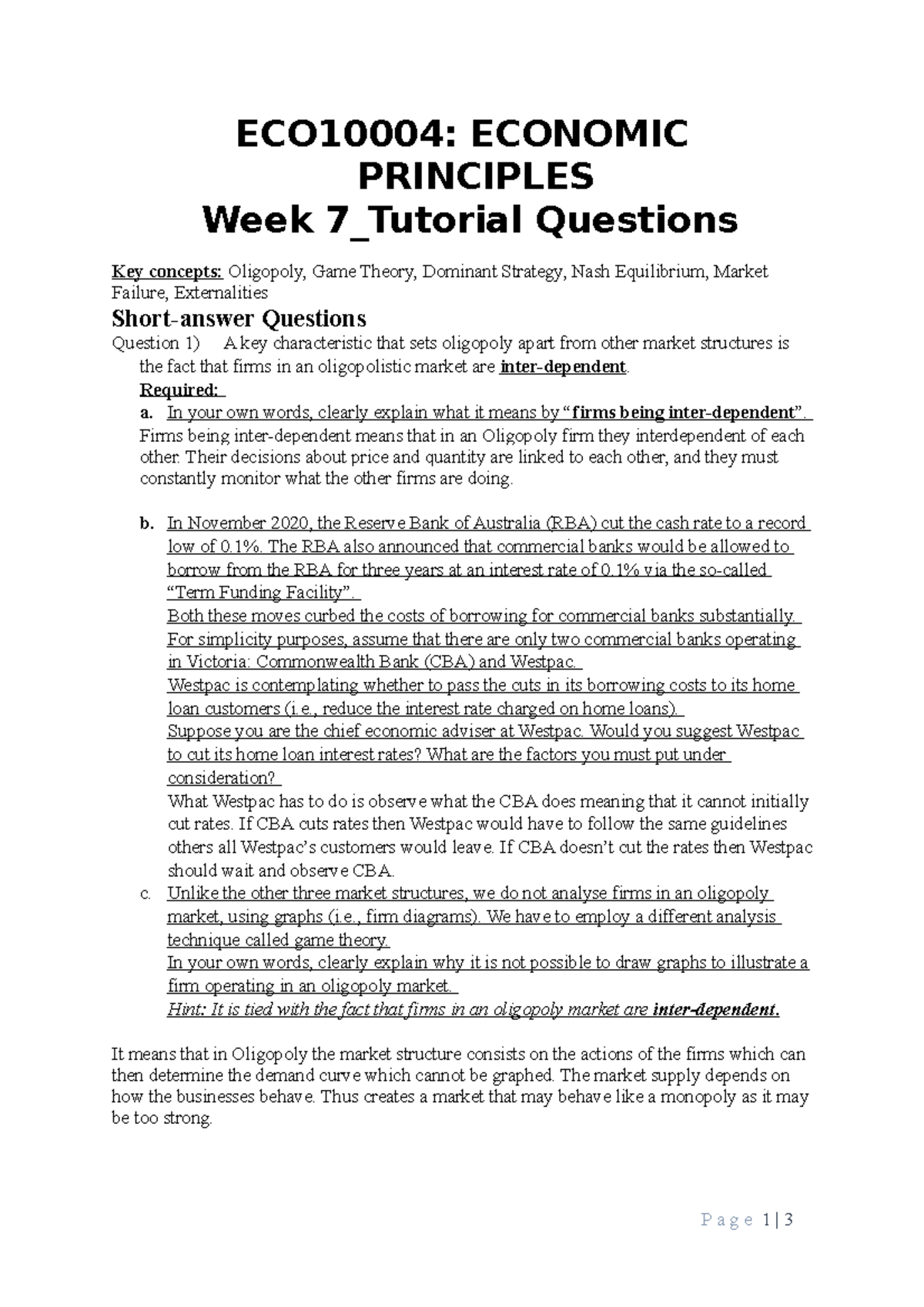 Week 7 Tutorial Questions - ECO10004: ECONOMIC PRINCIPLES Week 7 ...