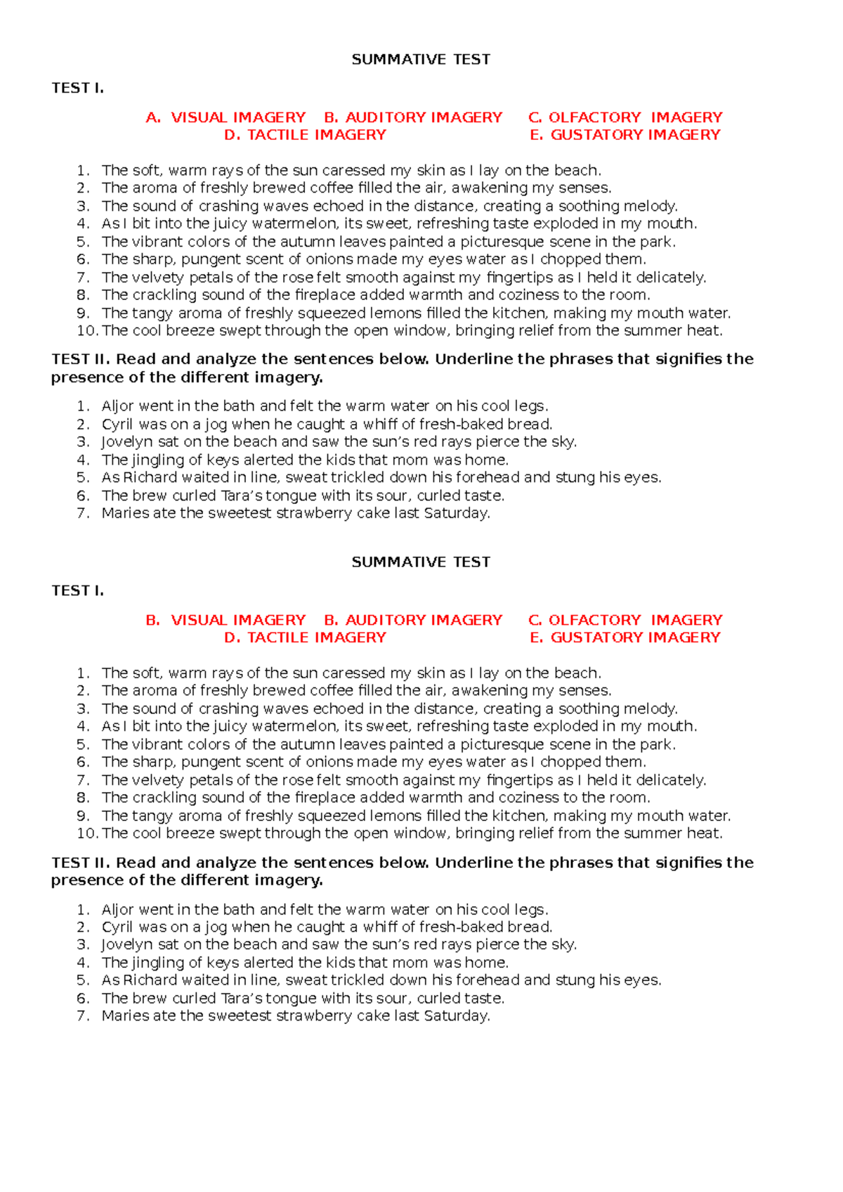 English 9 summative test - SUMMATIVE TEST TEST I. A. VISUAL IMAGERY B ...