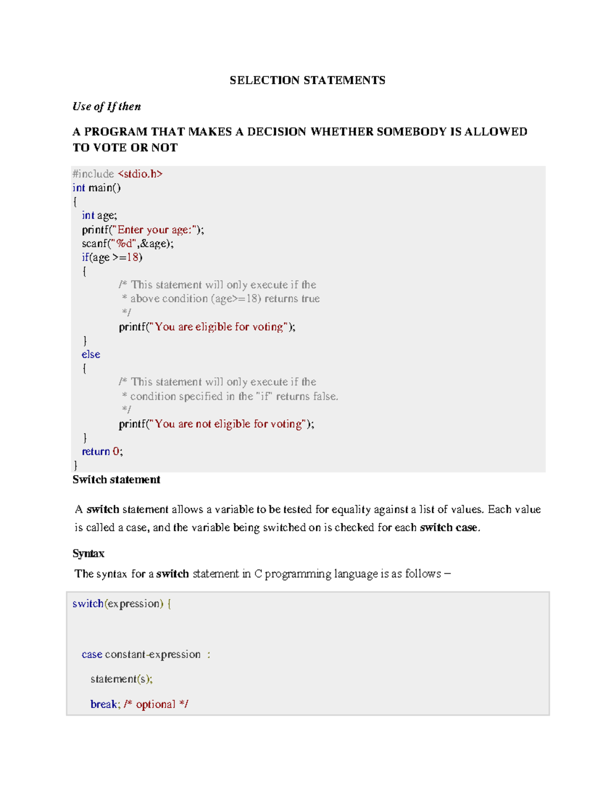 DOC-20230608-WA0010 - Introduction to C++ - SELECTION STATEMENTS Use of ...