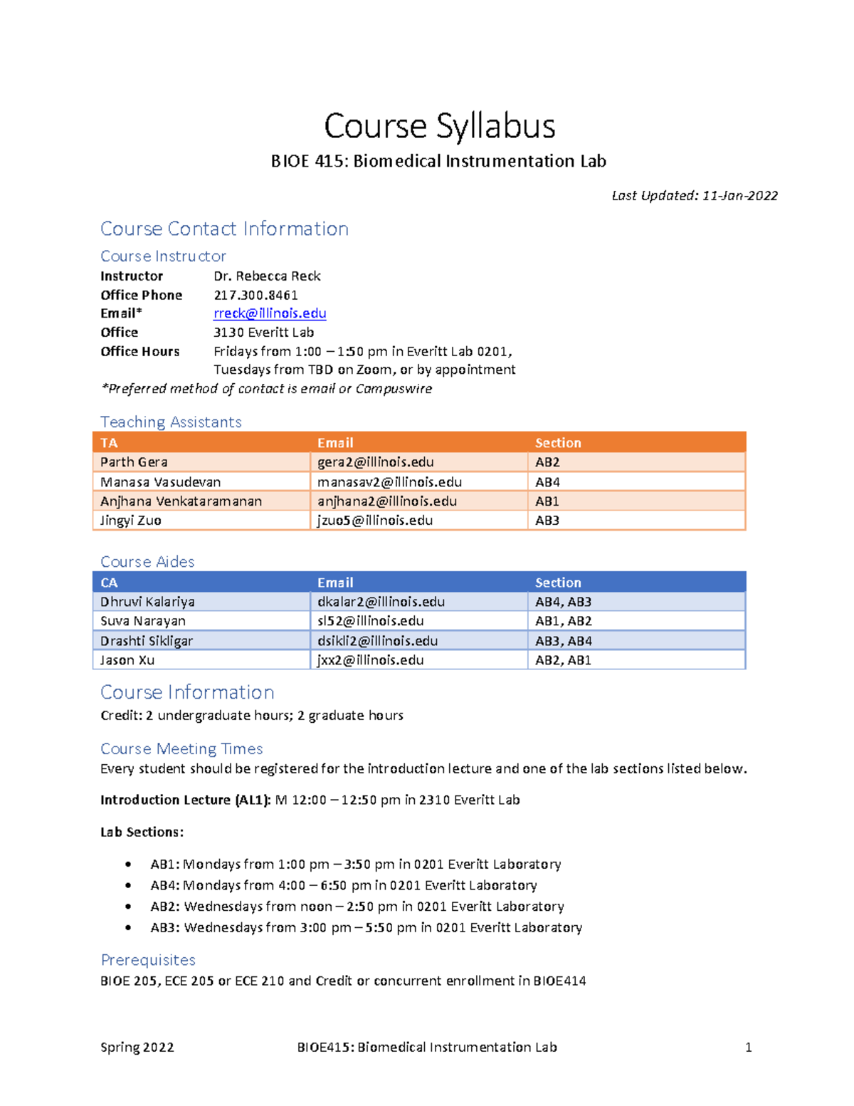 BIOE415 Spring 2022 Syllabus - Course Syllabus BIOE 415: Biomedical ...