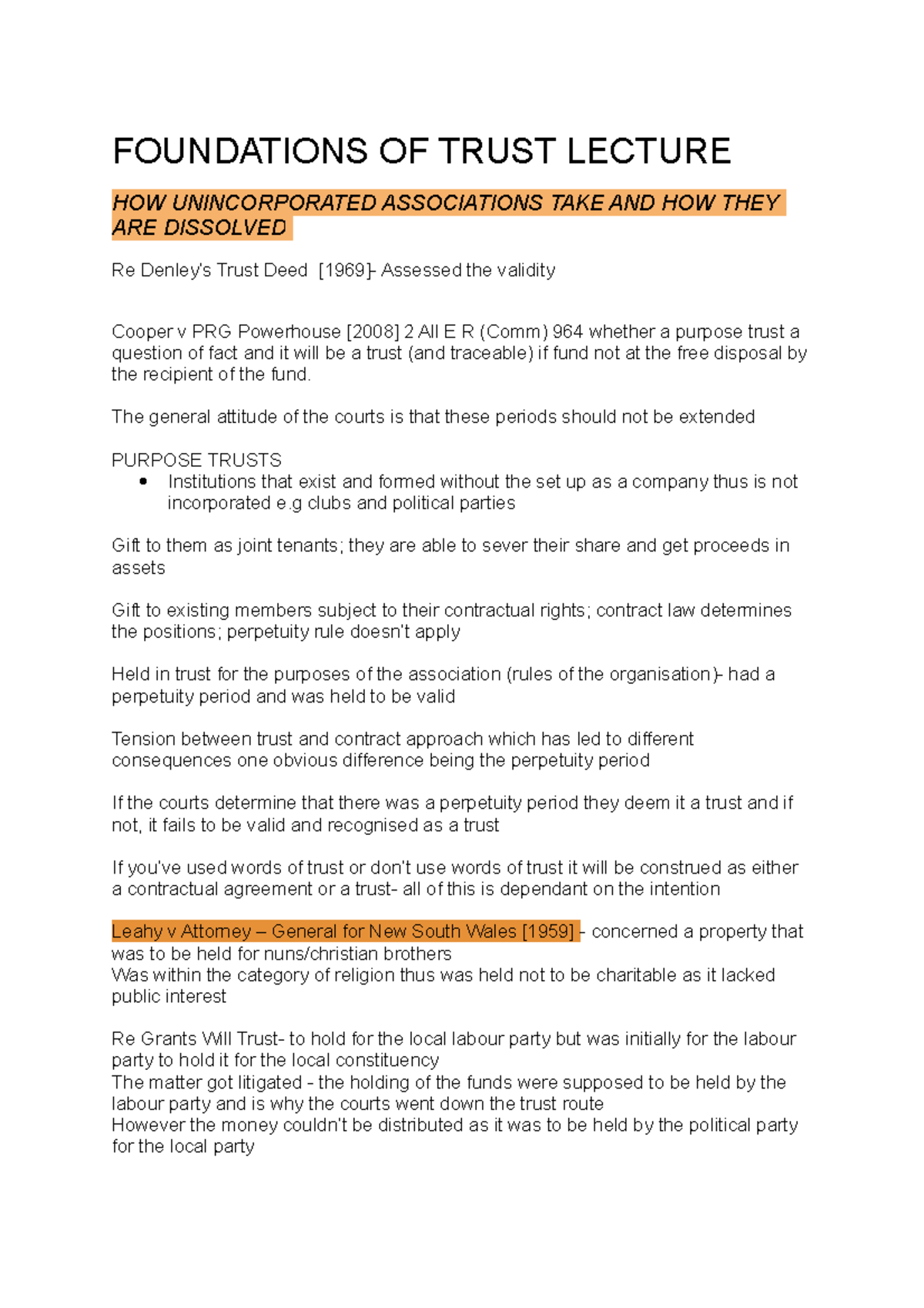 Foundations OF Trust Lecture 6 - FOUNDATIONS OF TRUST LECTURE HOW UNINCORPORATED ASSOCIATIONS ...