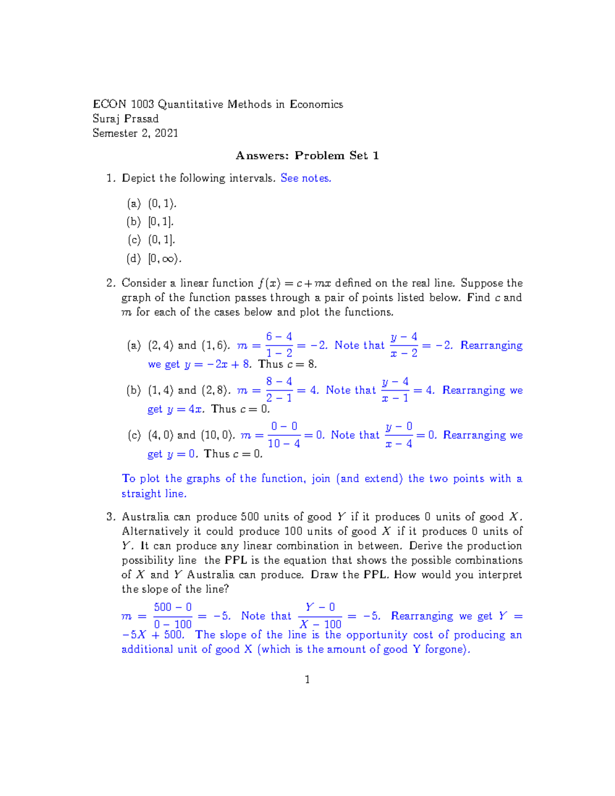 tutorial answers Problem Set 1 - ECON 1003 Quantitative Methods in ...