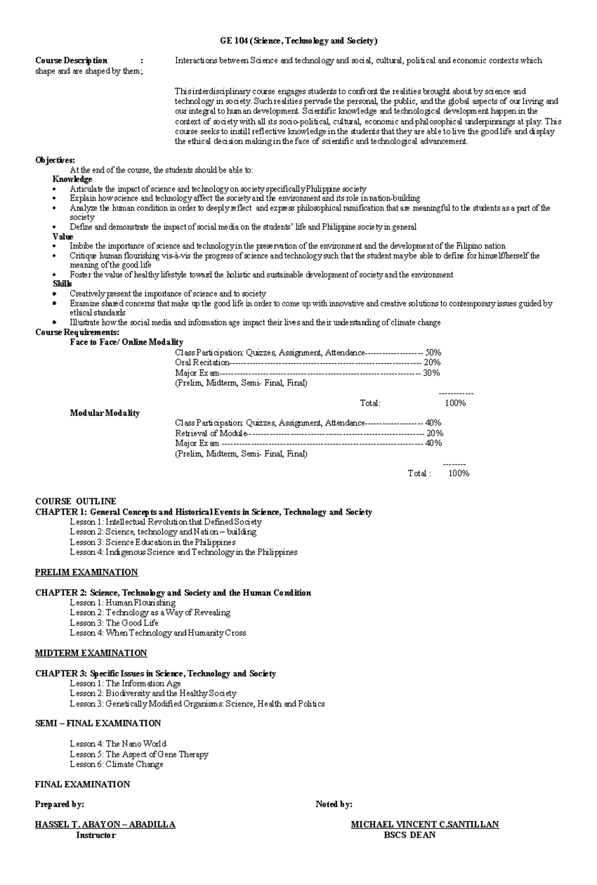 Course Outline GE104 - it will help you - GE 104 (Science, Technology ...