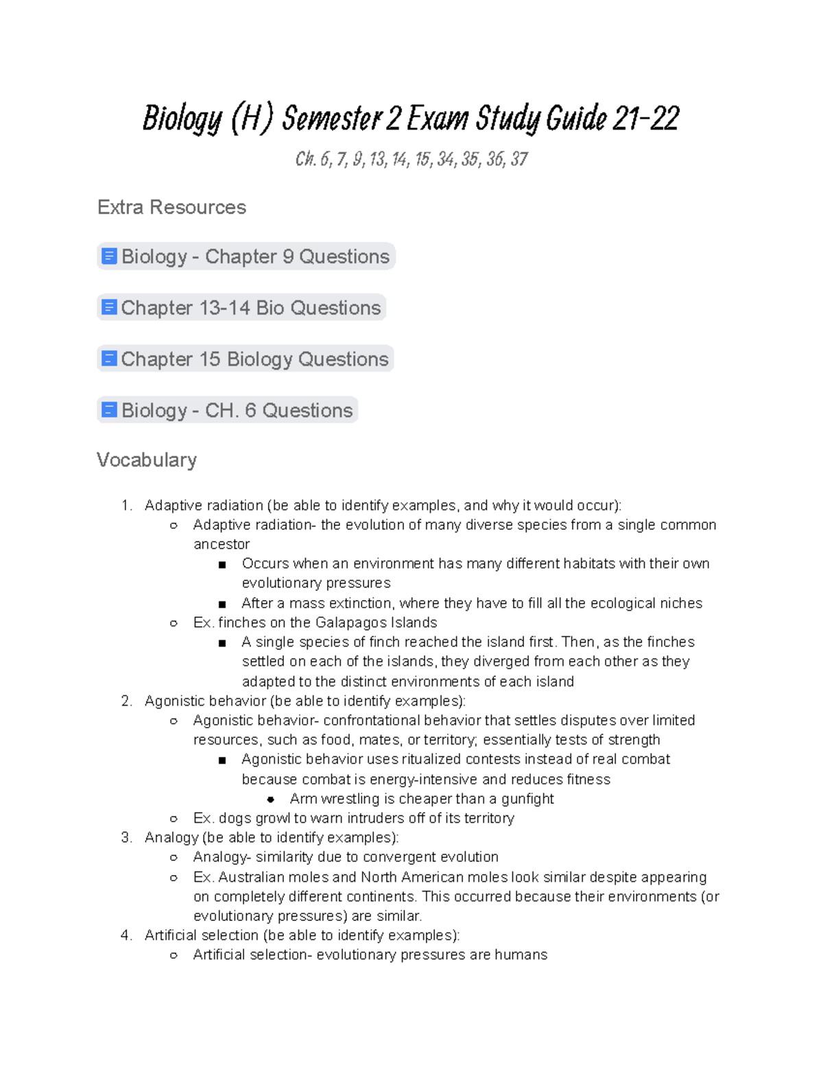 Biology 1 H Sem 2 study guide - Biology (H) Semester 2 Exam Study Guide ...
