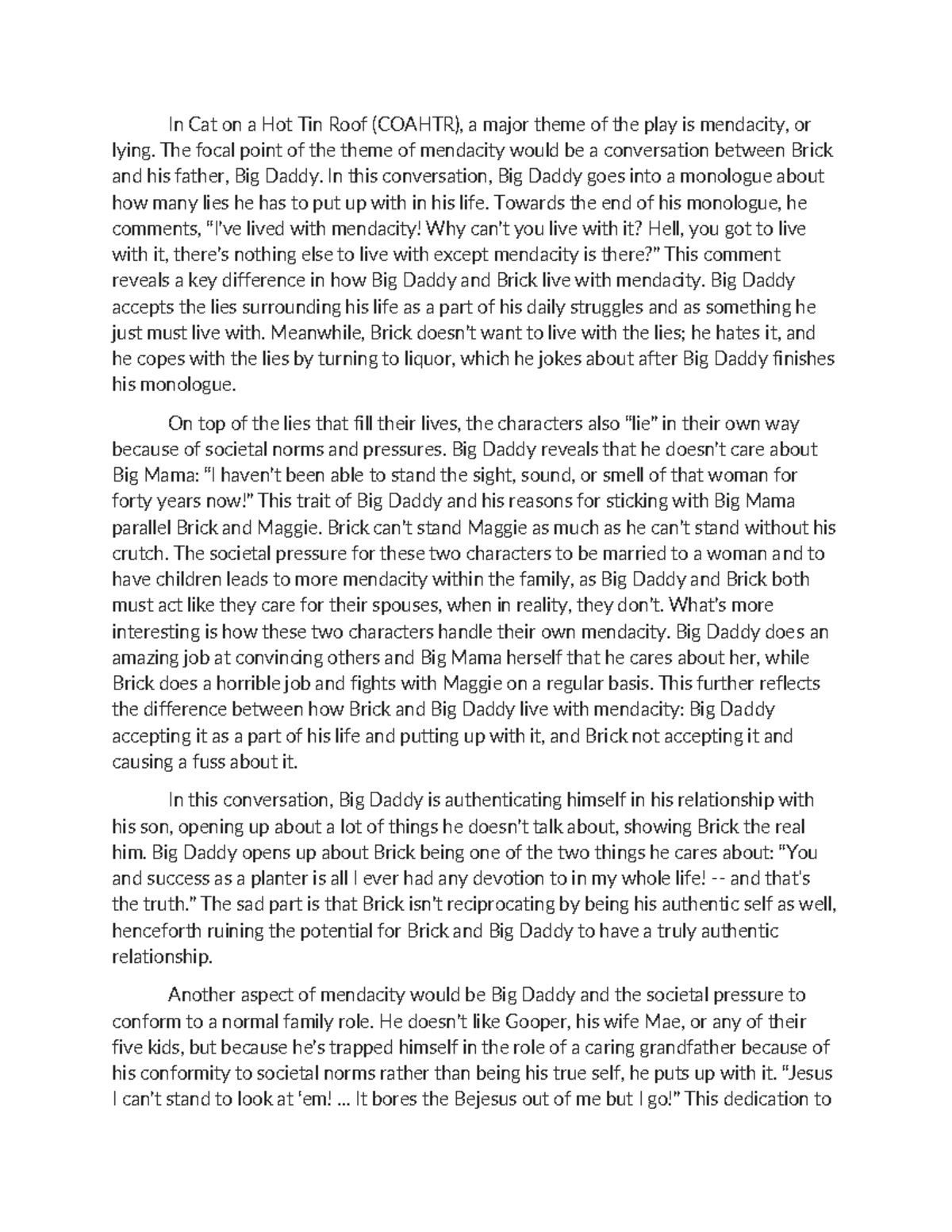 Coahtr Midterm - An analysis on Cat on a Hot Tin roof as a whole & the ...