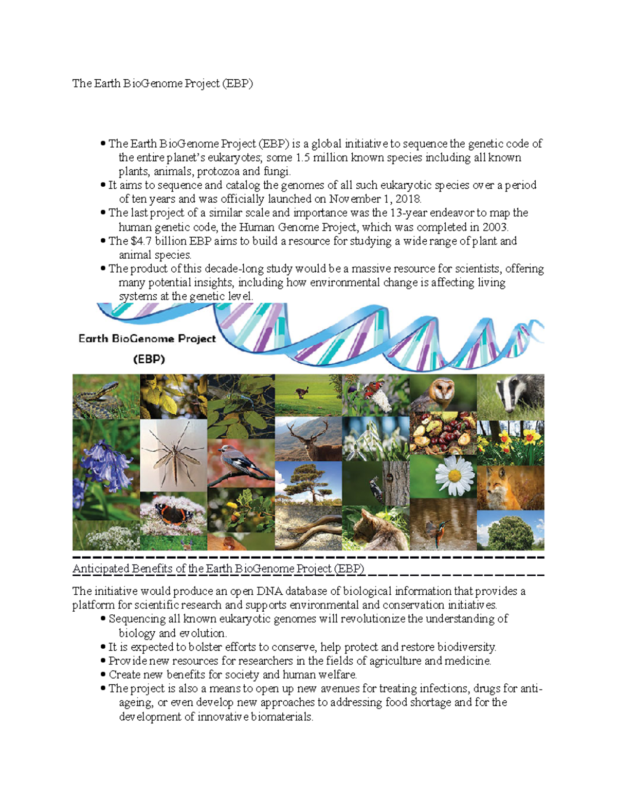 The Earth Bio Genome Project (EBP) - It aims to sequence and catalog ...