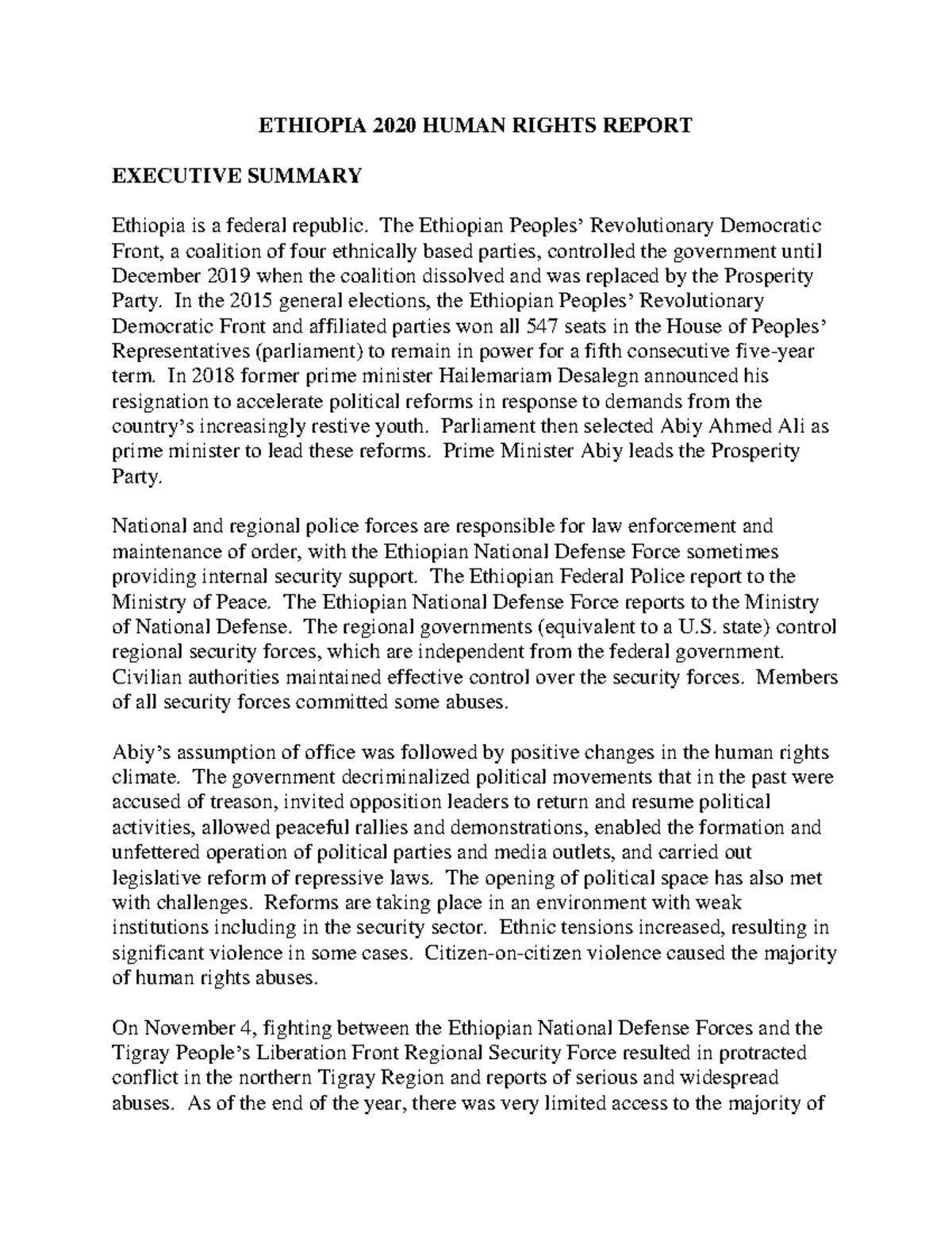 Ethiopia 2020 Human Rights Report - ETHIOPIA 2020 HUMAN RIGHTS REPORT ...