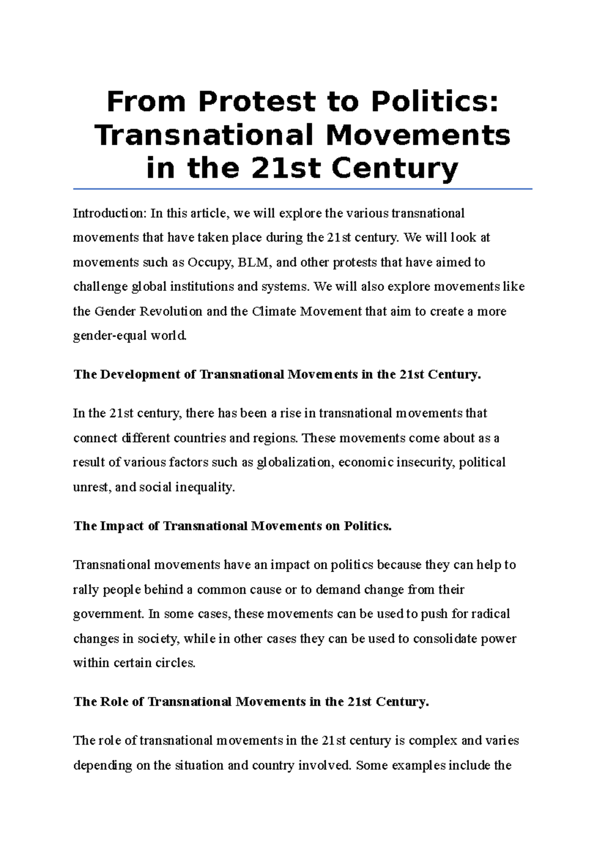 From Protest to Politics, Transnational Movements in the 21st Century ...