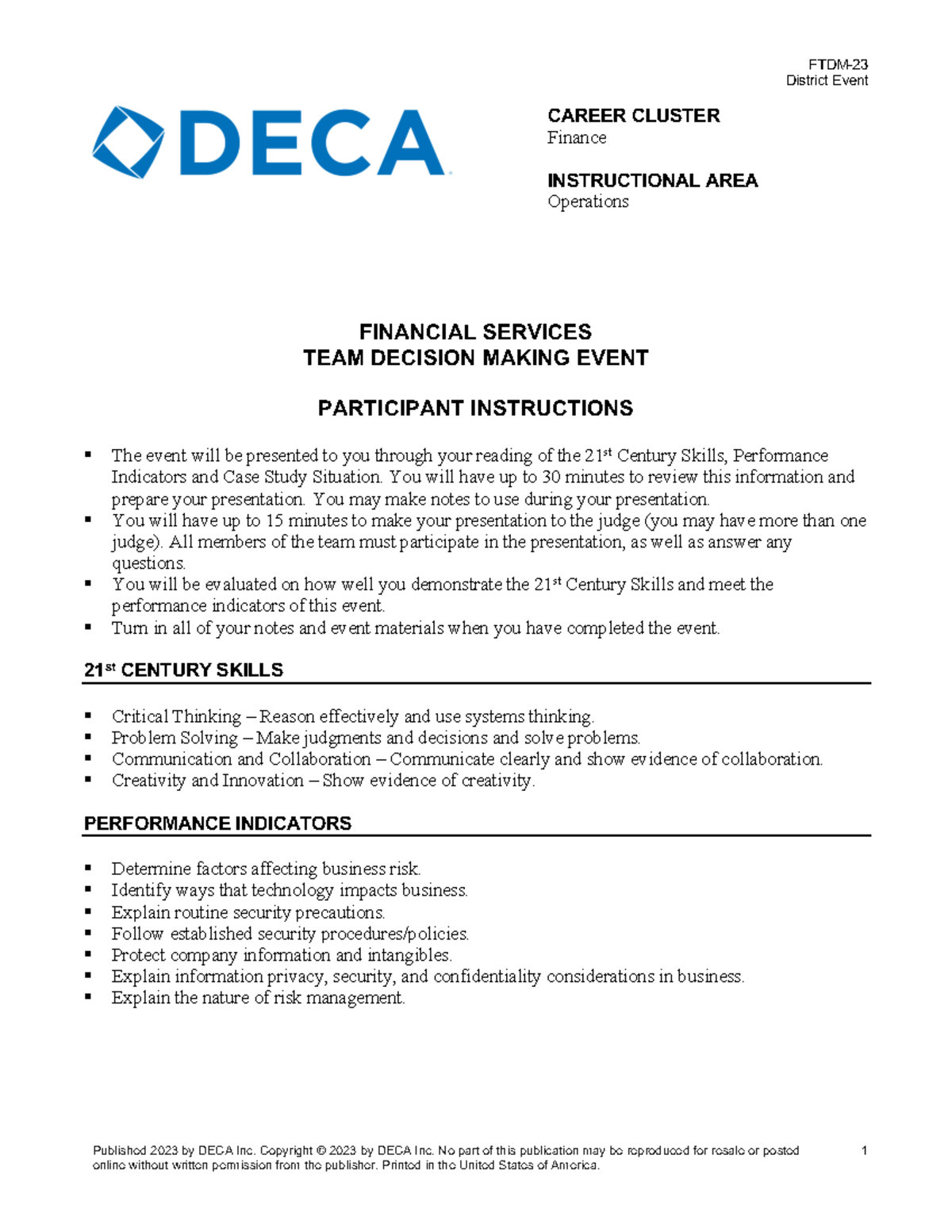 EXEC CASE Study - DECA cases - District Event Published 2023 by DECA ...